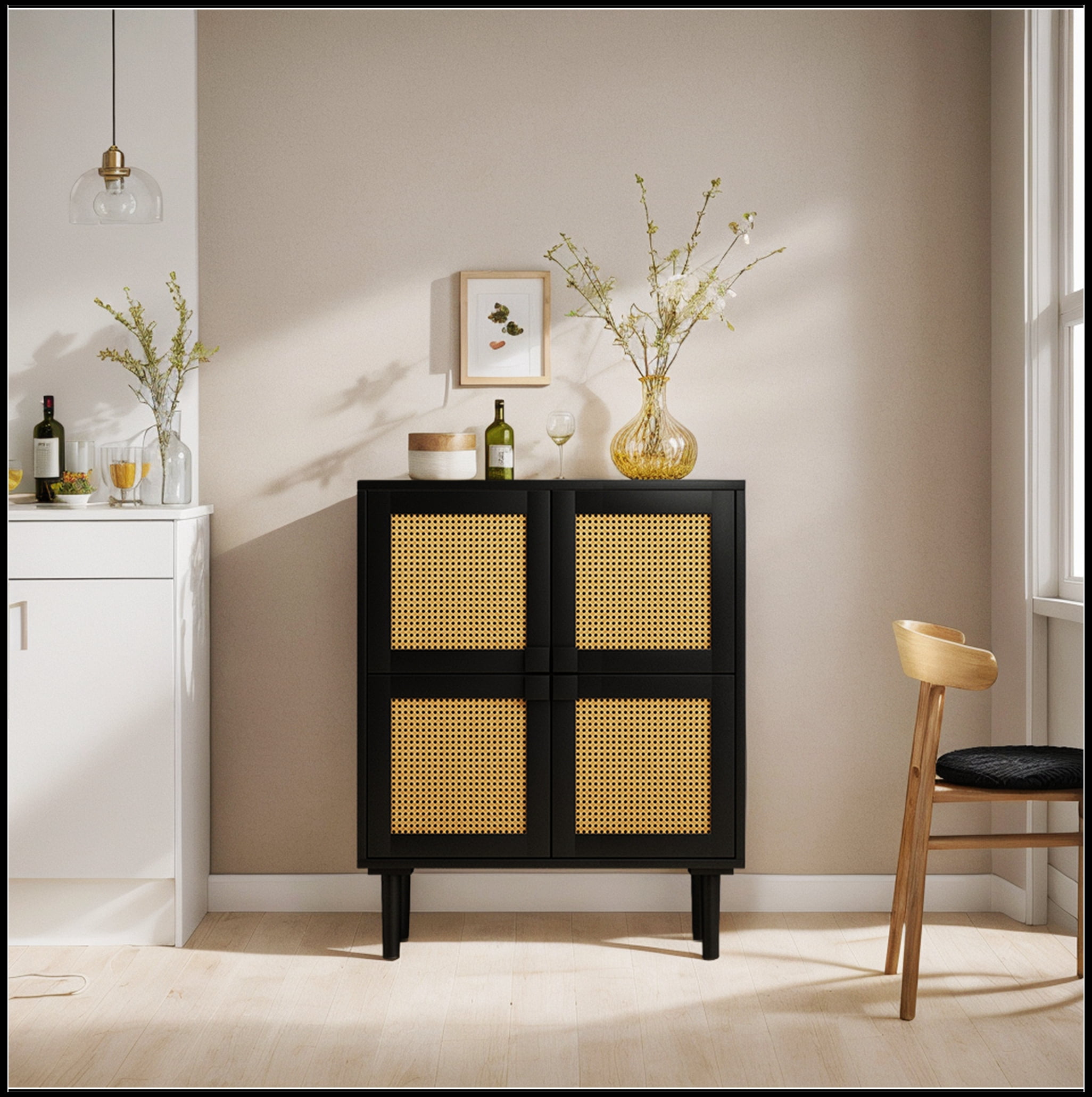 4-Doors Rattan Mesh Storage Cabinet, Sideboard with Eight Storage ...