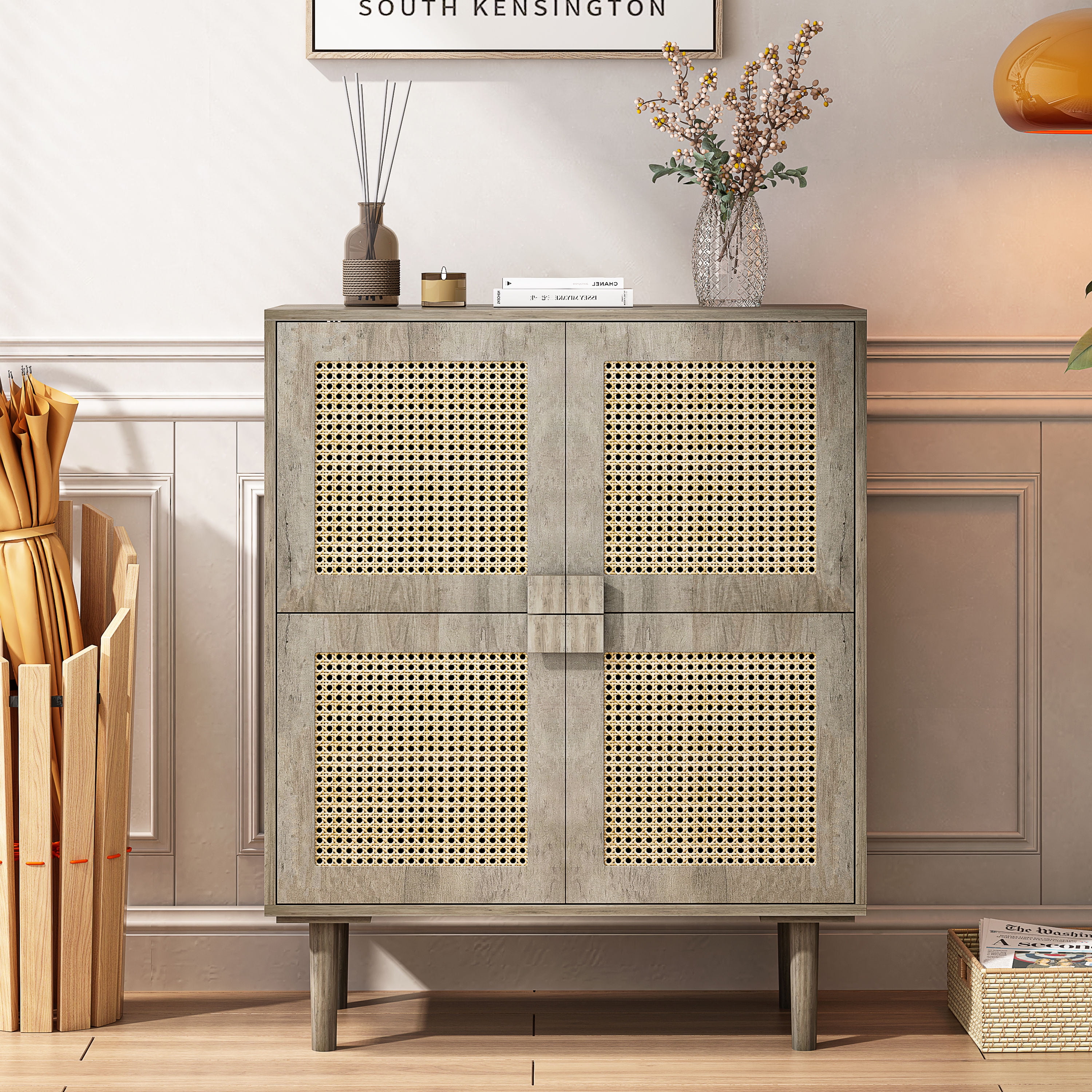 4-Doors Rattan Mesh Storage Cabinet, Sideboard with Eight Storage ...