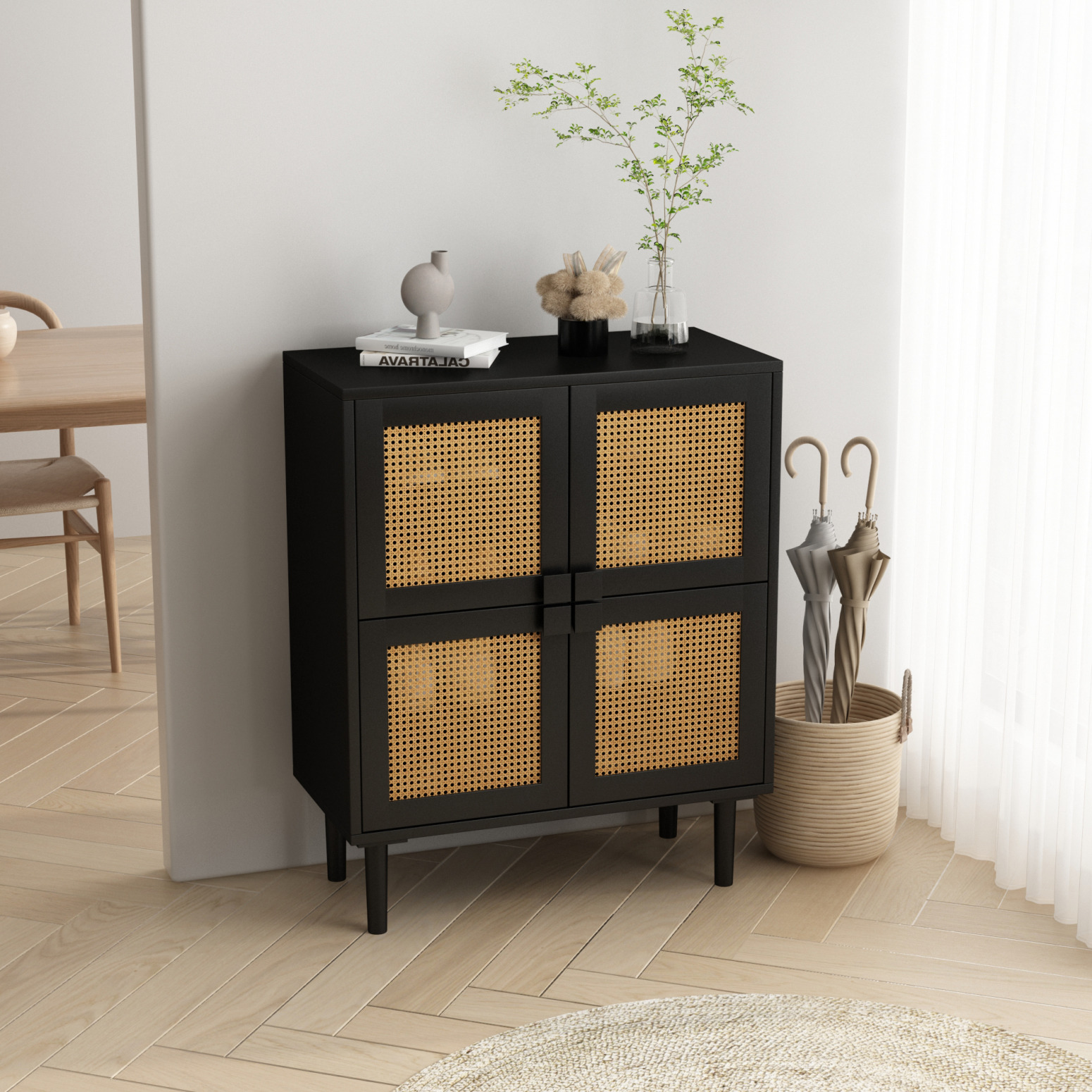 4-Doors Rattan Mesh Storage Cabinet with 4 Legs, Shoe Cabinet with ...