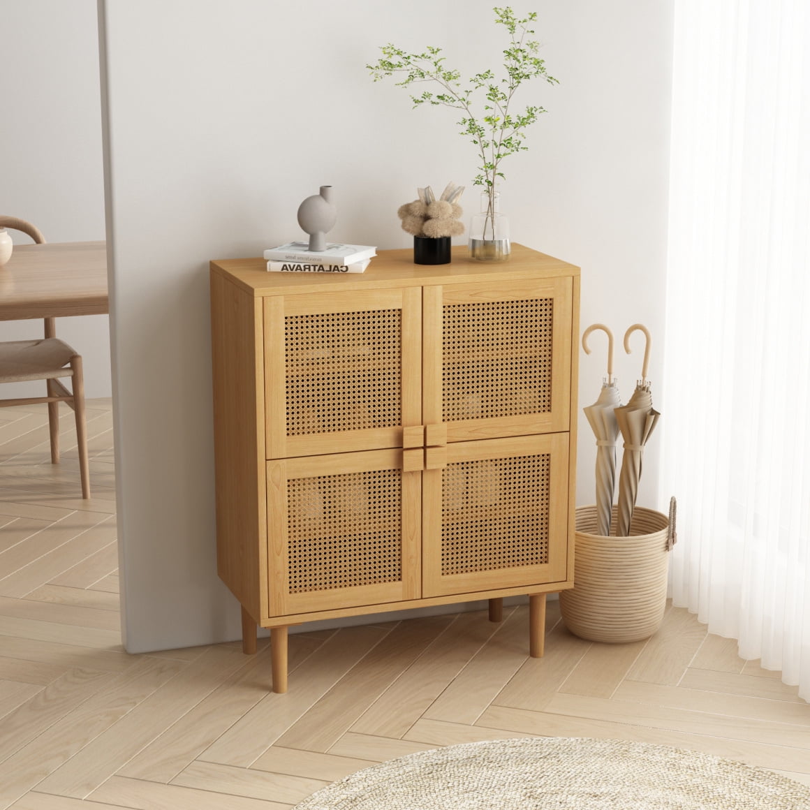 4-Doors Rattan Mesh Storage Cabinet with 4 Legs, Shoe Cabinet with ...