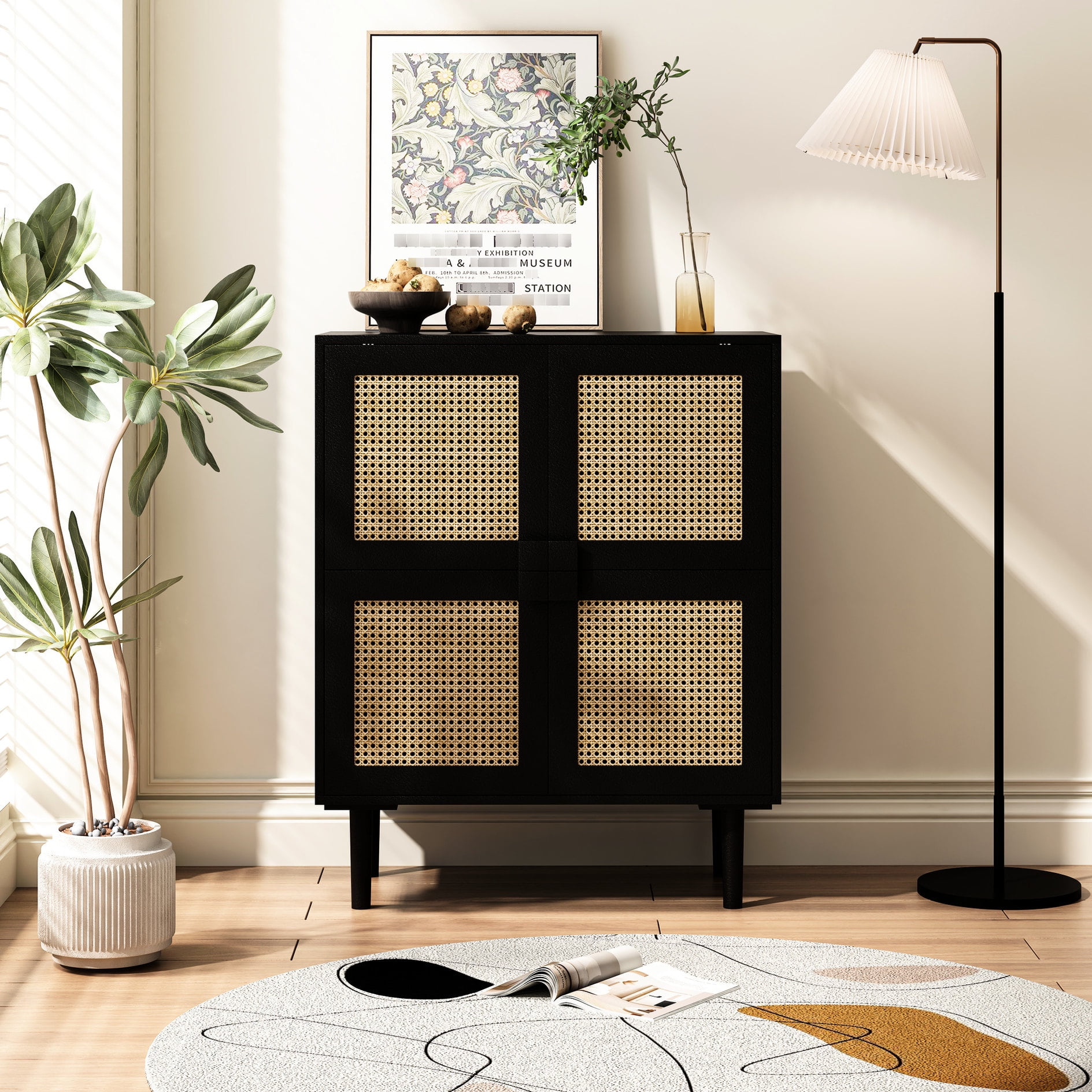 4 - Doors Storage Cabinet with Rattan Mesh | Great for Hallway and ...