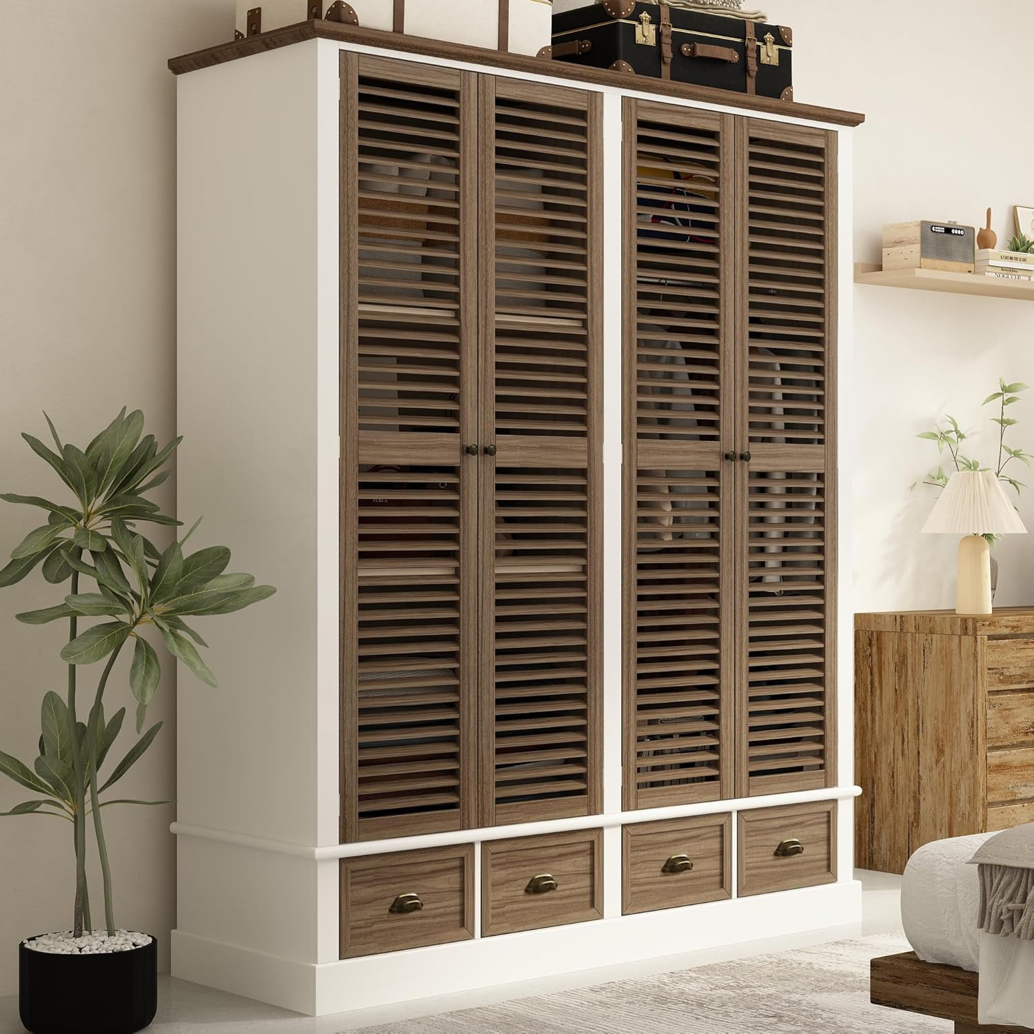 4 Doors Wardrobe Armoire with Louver Doors, Storage Shelves, 4 Drawers ...
