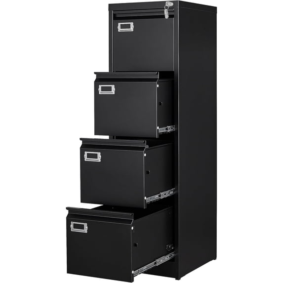 4 Drawer Black Metal Vertical File Cabinet with Lock, Small Locking ...