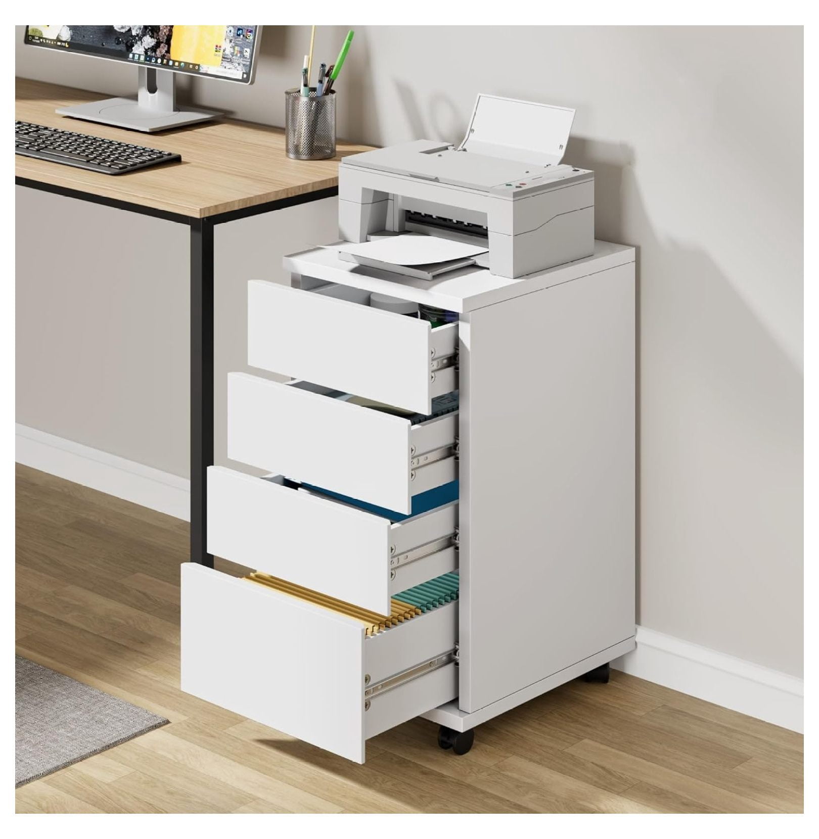 4-Drawer Chest, Wood Storage Cabinet with Wheels, Rolling Pedestal ...