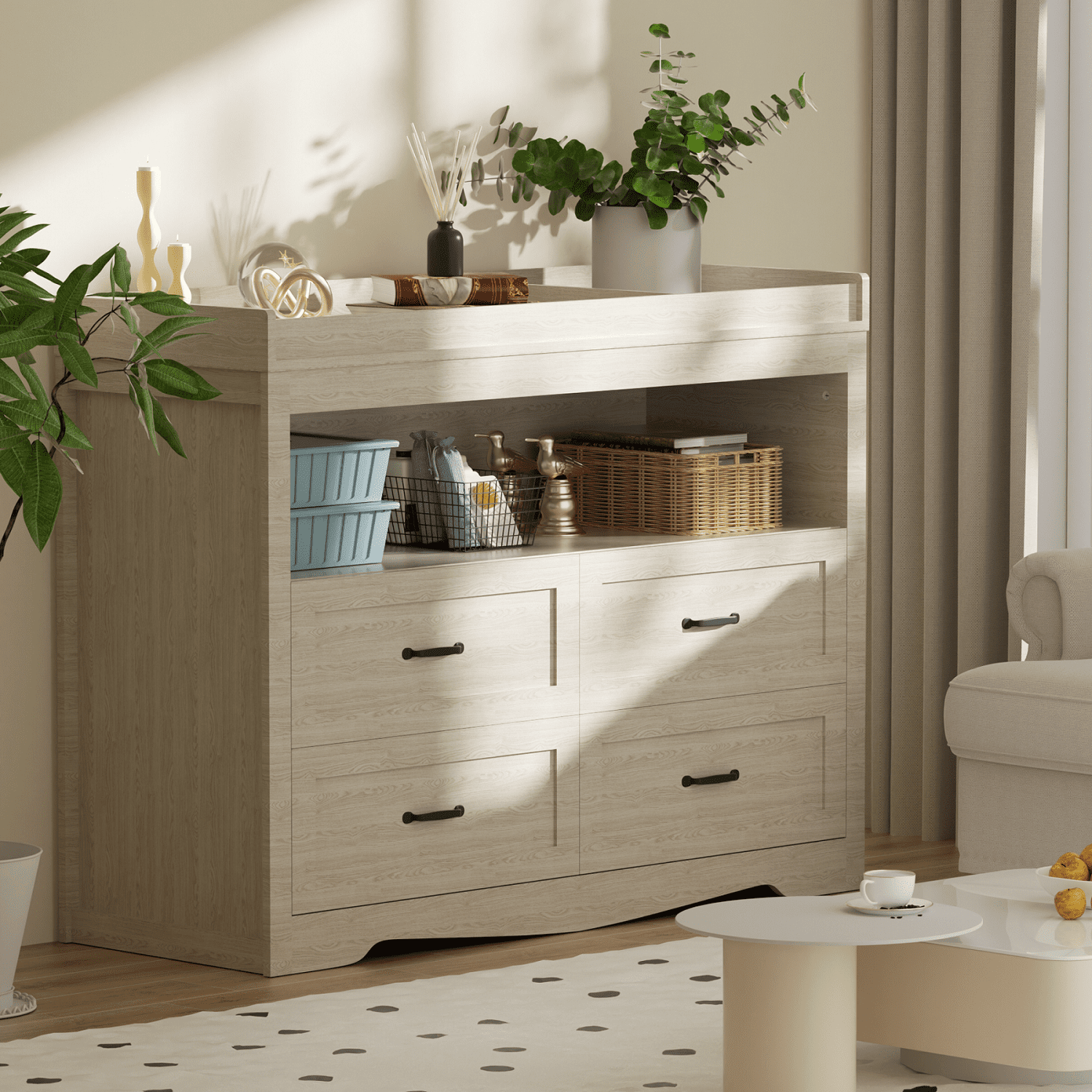 4 Drawer Double Dresser, 47.24'' Wood Storage Side Cabinet Chest of ...