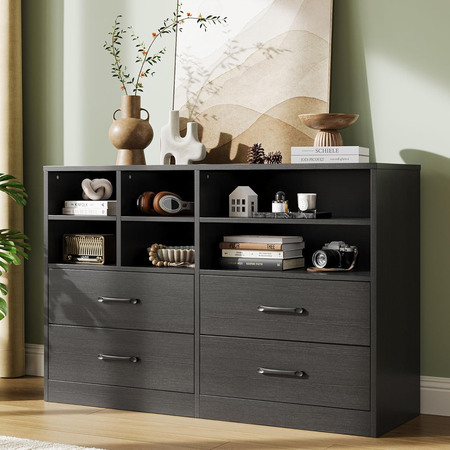 4 Drawer Dresser with 6 Adjustable Open Cubbies, Modern Black Wooden ...