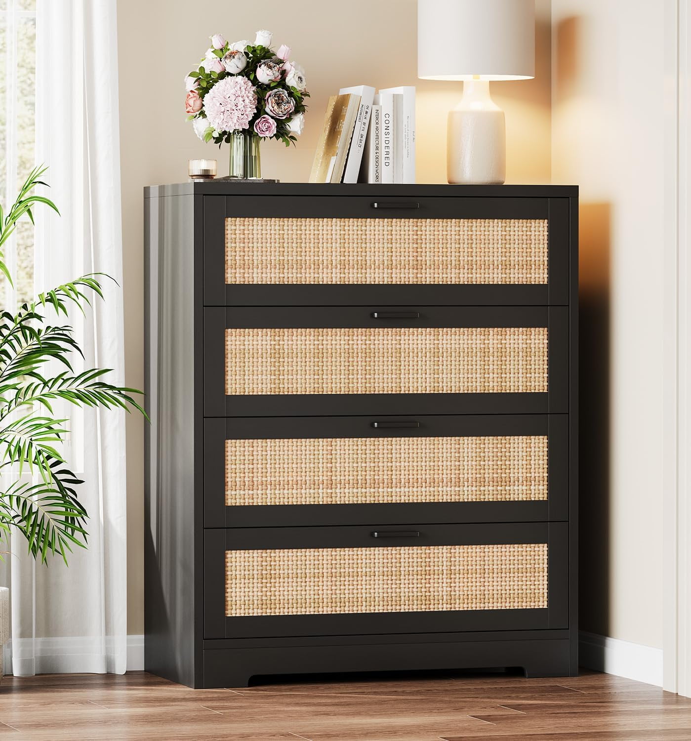 4 Drawer Dresser for Bedroom, Rattan Chest of Dressers, Modern Wood ...