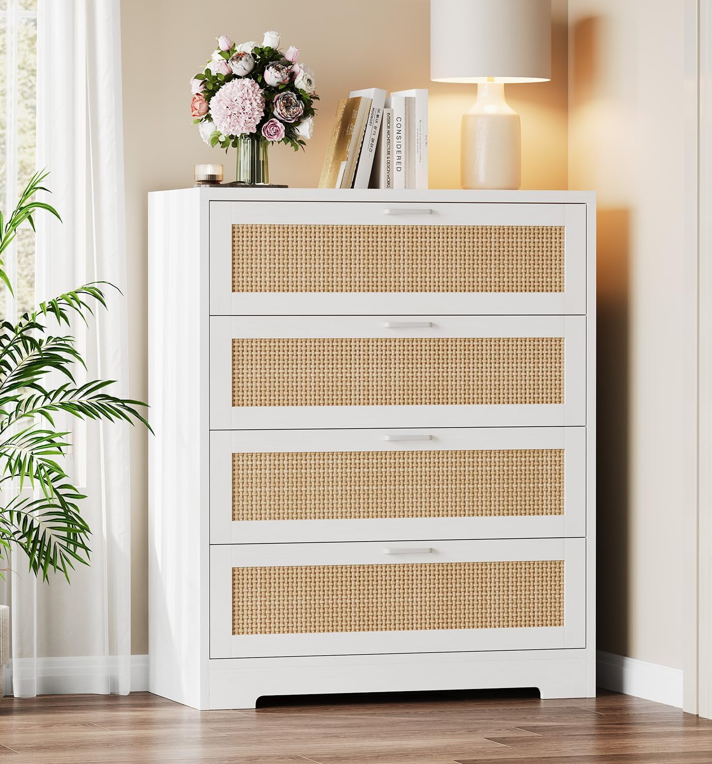 4 Drawer Dresser for Bedroom, Rattan Chest of Dressers, Modern Wood ...
