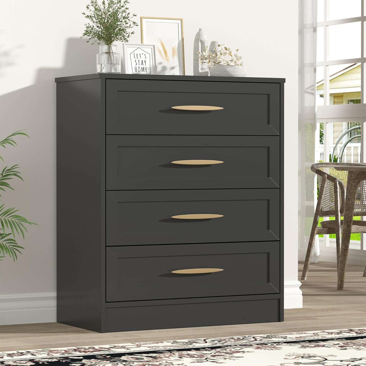 4 Drawer Dresser Black and Gold, Tall Dresser for Bedroom, Wood Storage ...