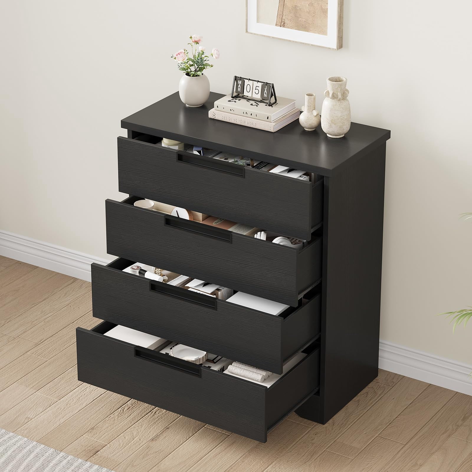 4 Drawer Dresser, Chest of Drawers with Embedded Handles, Wooden ...