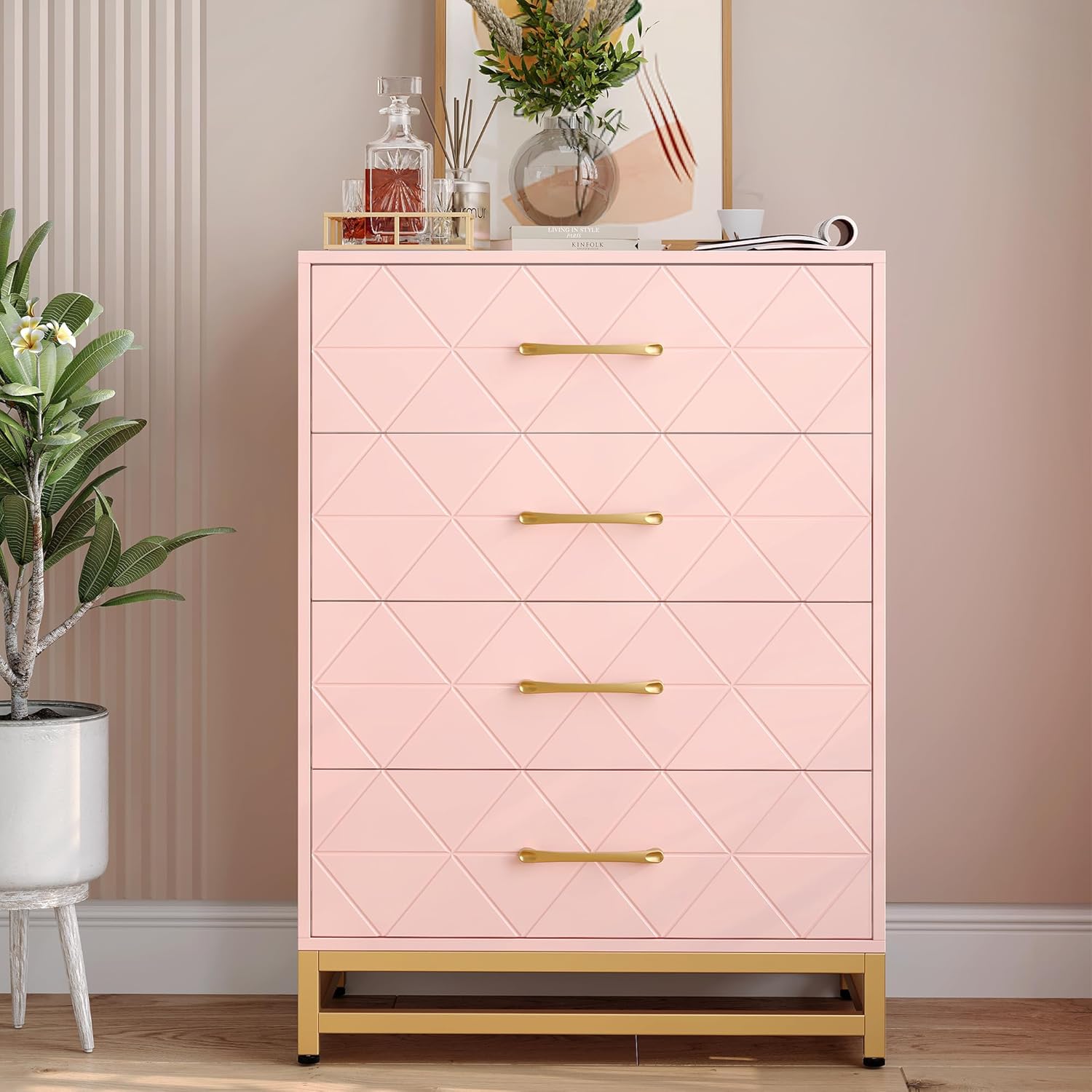 4 Drawer Dresser Chest, Pink Wood Rustic Storage Organizer with Gold ...
