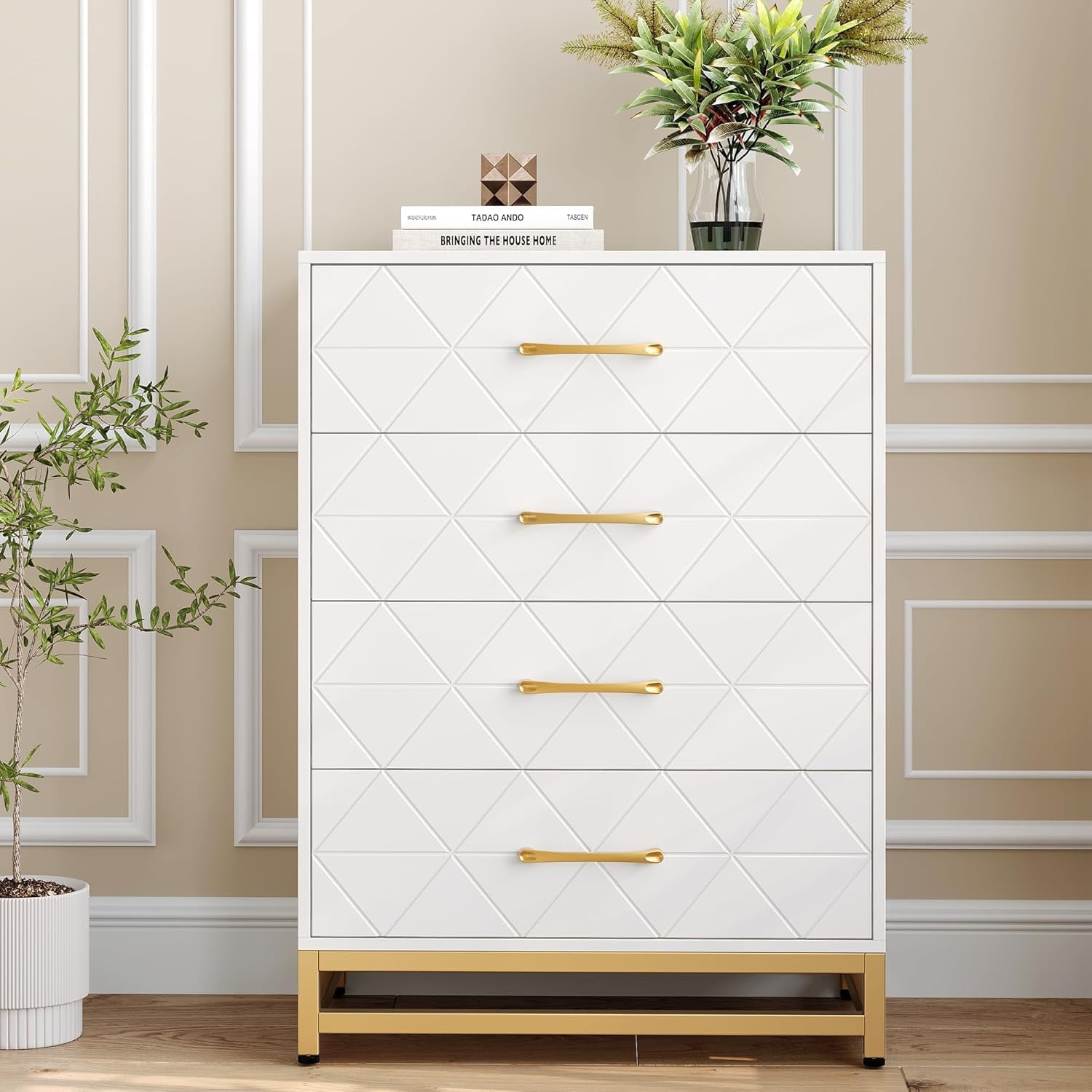 4 Drawer Dresser Chest, White Wood Rustic Storage Organizer with Gold ...