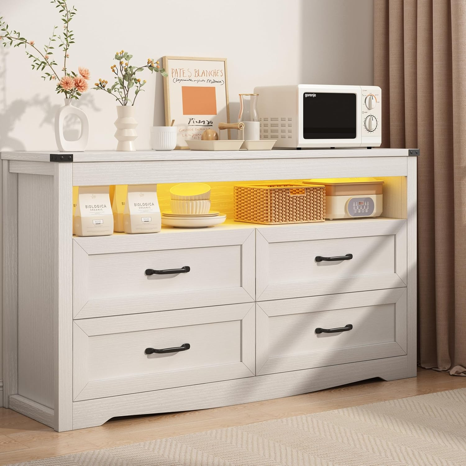 4 Drawer Dresser Chests with LED Light Wide Chest of Drawers with Metal ...