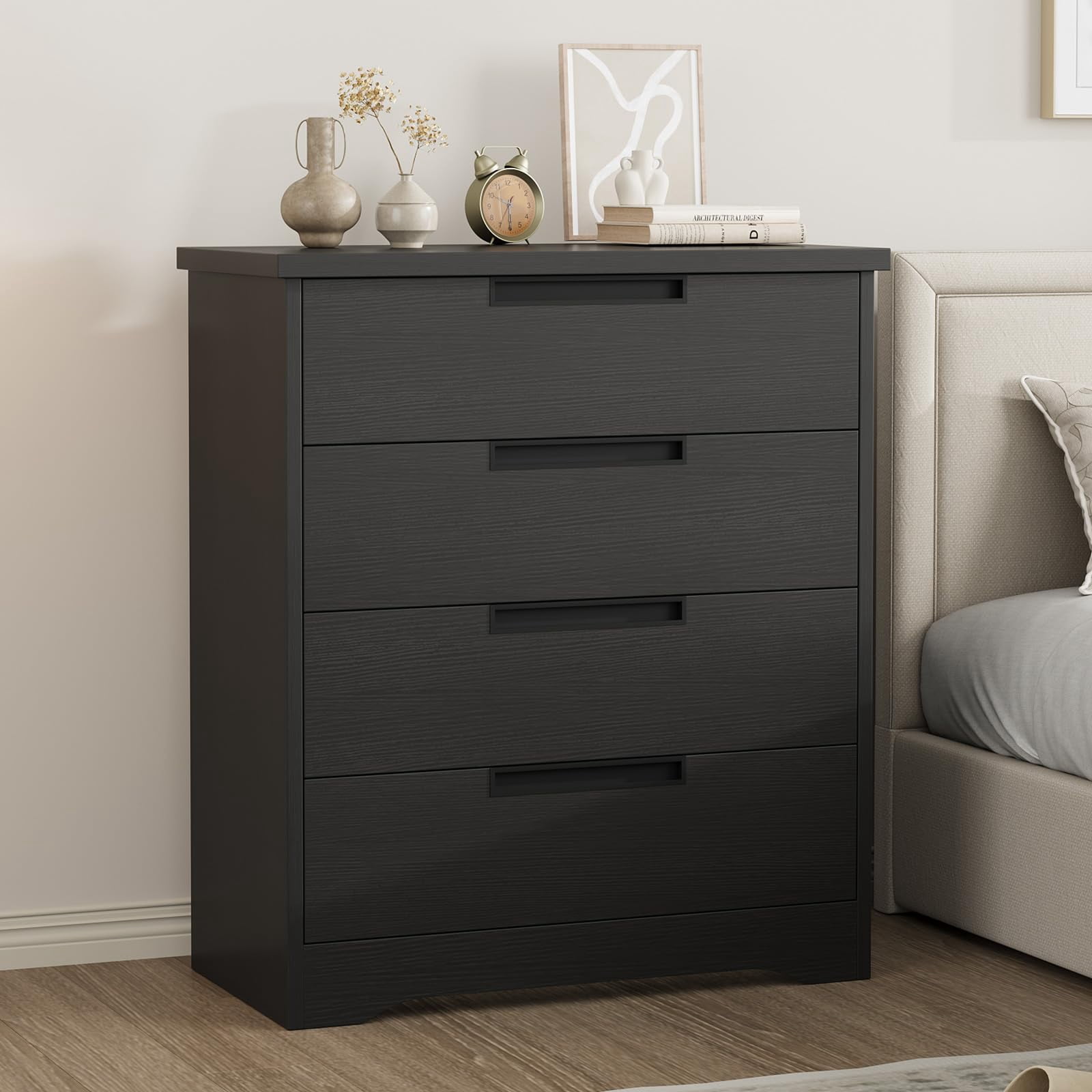 4-Drawer Dresser with Embedded Handles, Black Chest of Drawers for ...