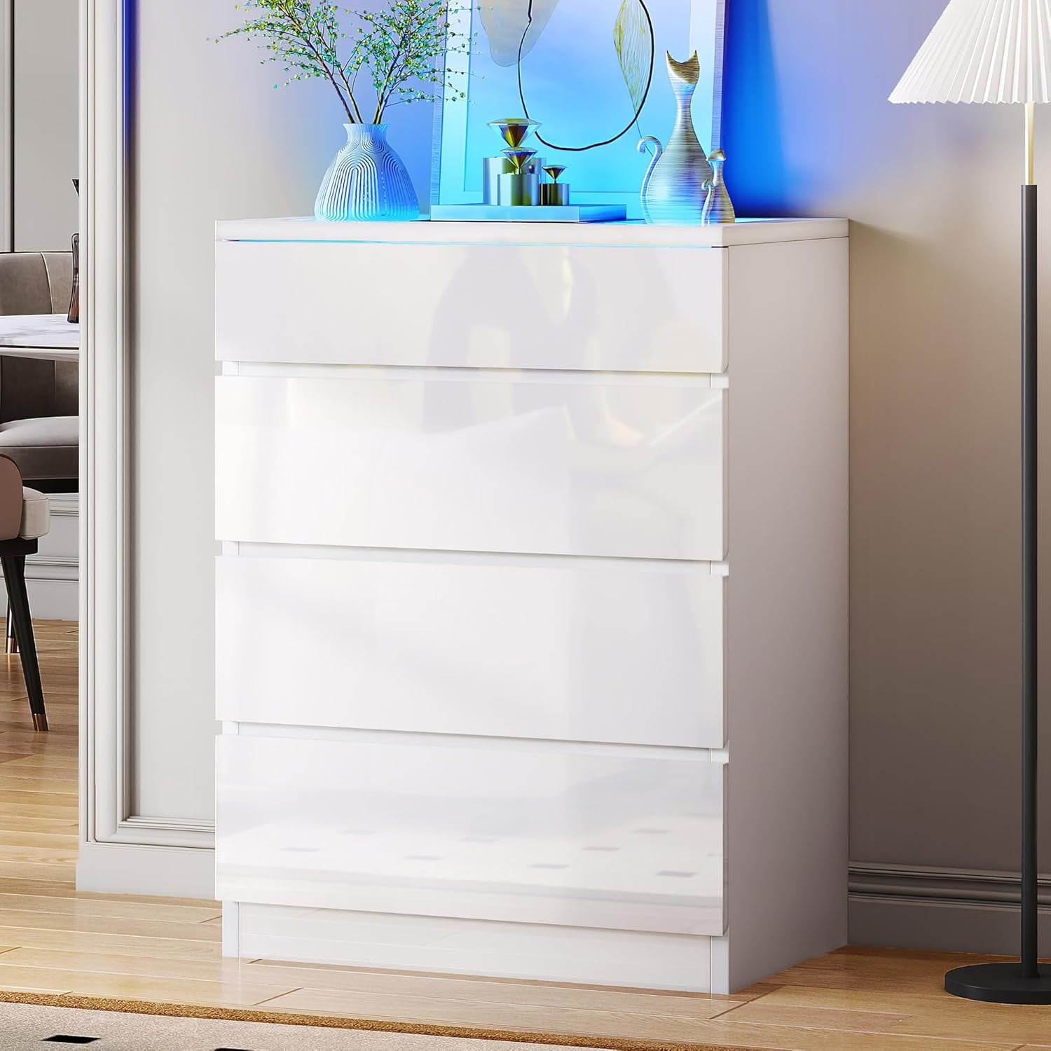 4 Drawer Dresser with LED, White Dresser, Modern 4 Chest of Drawers ...