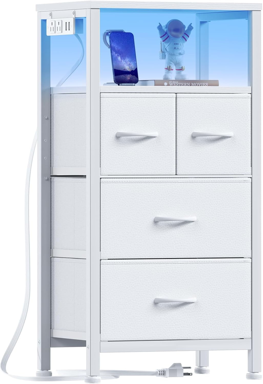 4 Drawer Dresser with Led Light and Charging Station, White Night Stand ...