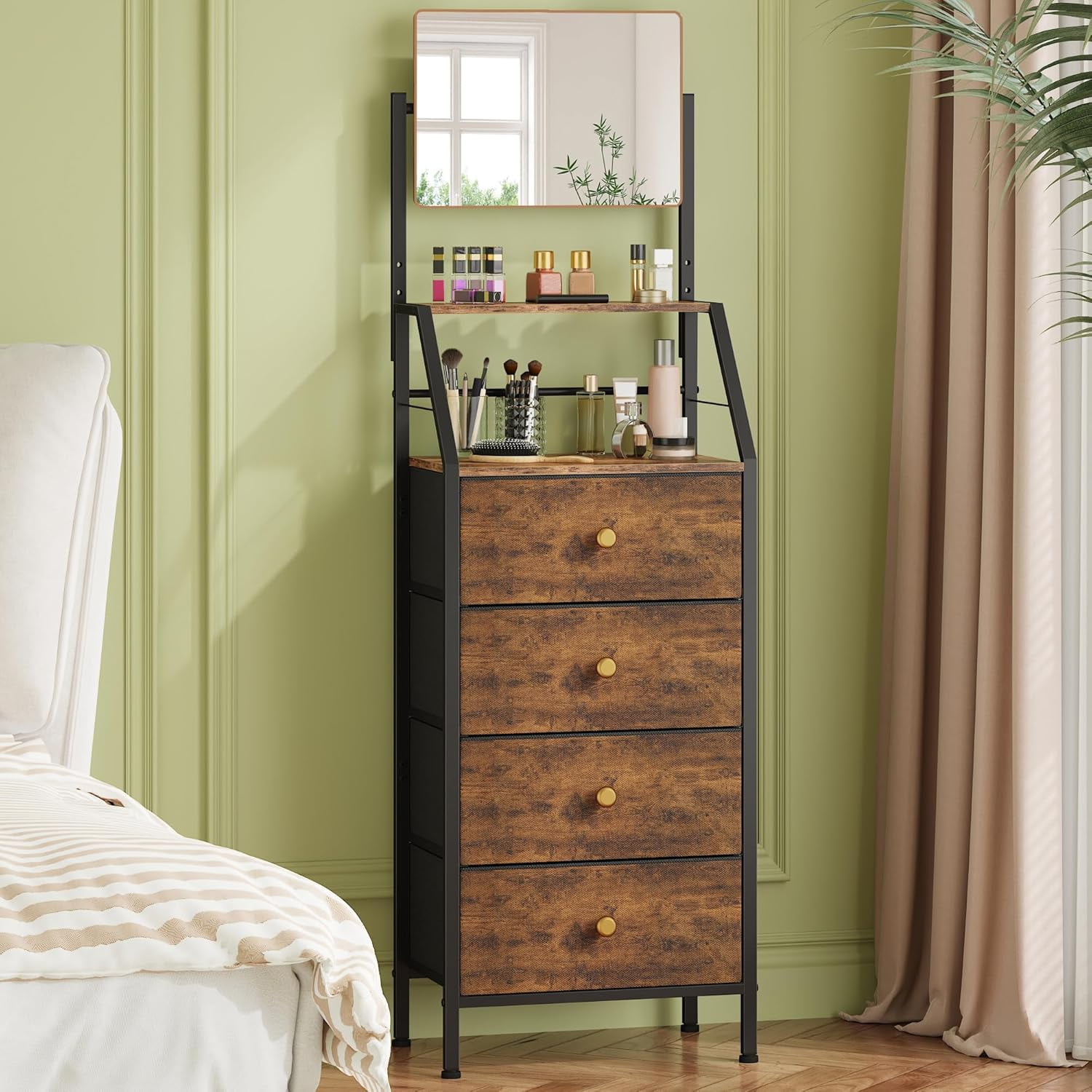 4-Drawer Dresser with Mirror, Vanity with 2-Tier Shelves, Fabric Chest ...