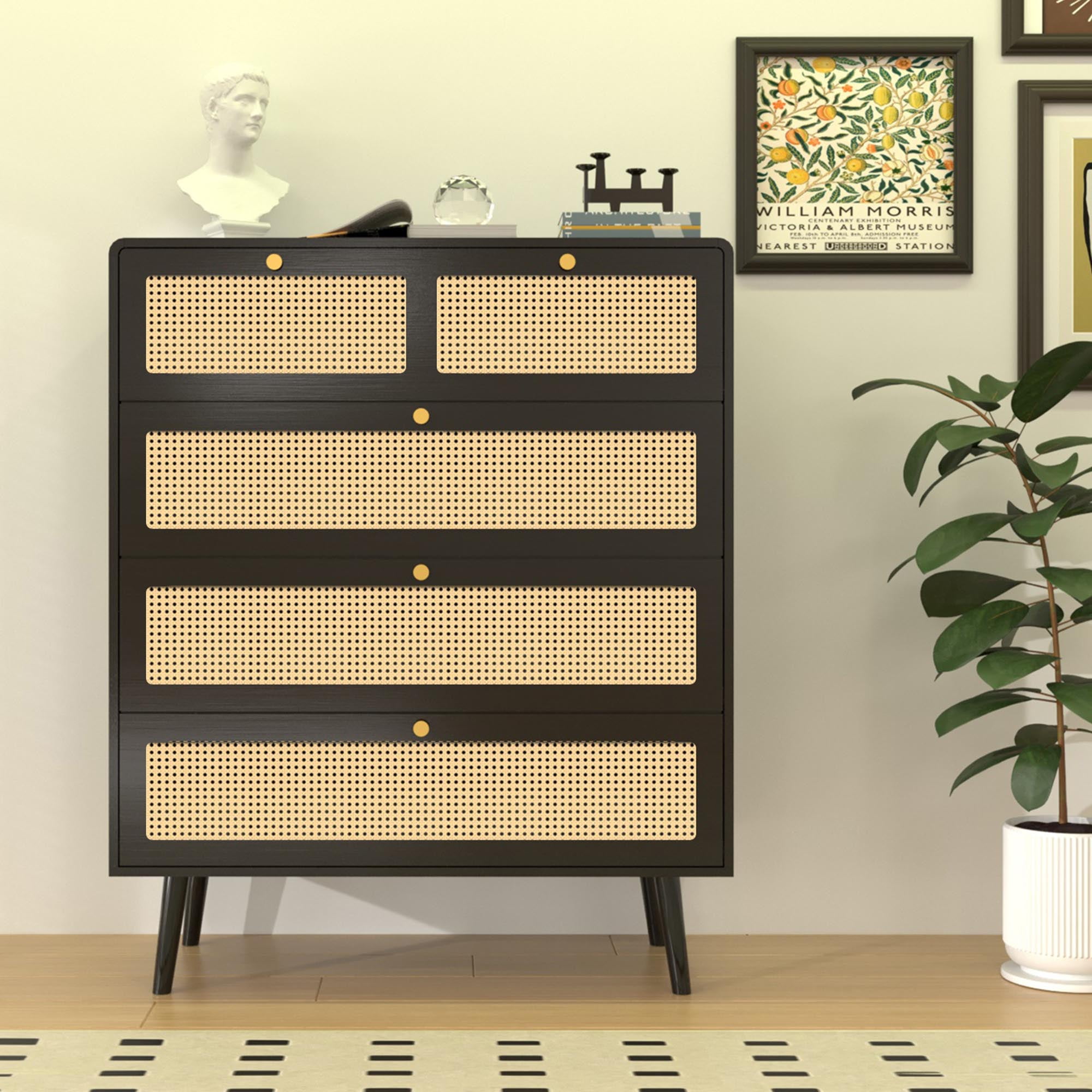 4 Drawer Dresser, Modern Rattan Dresser Chest with Wide Drawers and ...