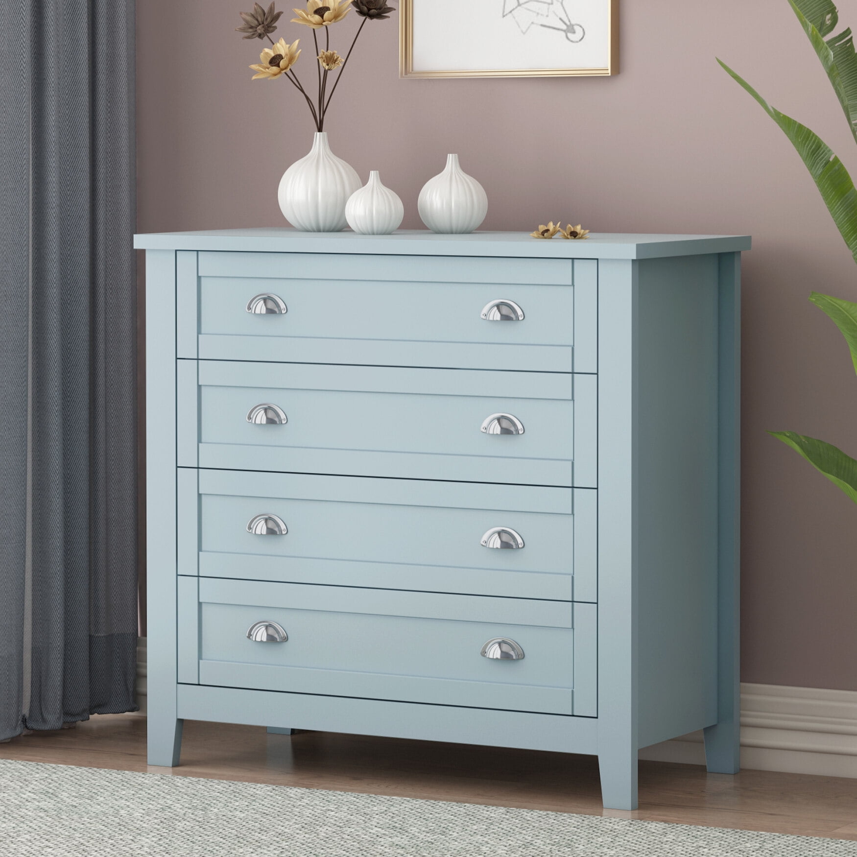 4 Drawer Dresser with Retro Shell Handle, Modern Wood Chest of Drawers ...