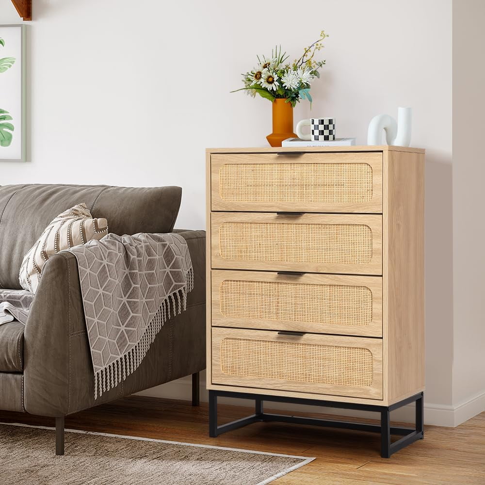 4 Drawer Dresser Side Table Tall Nightstand with Drawers, Rattan ...
