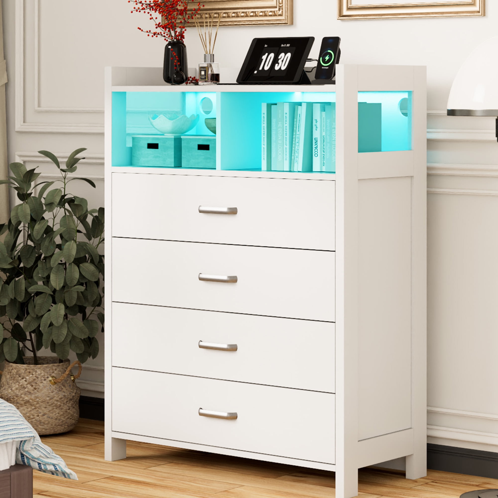 4 Drawer Tall Dresser, LED Dresser for Bedroom Closet Organizers with ...
