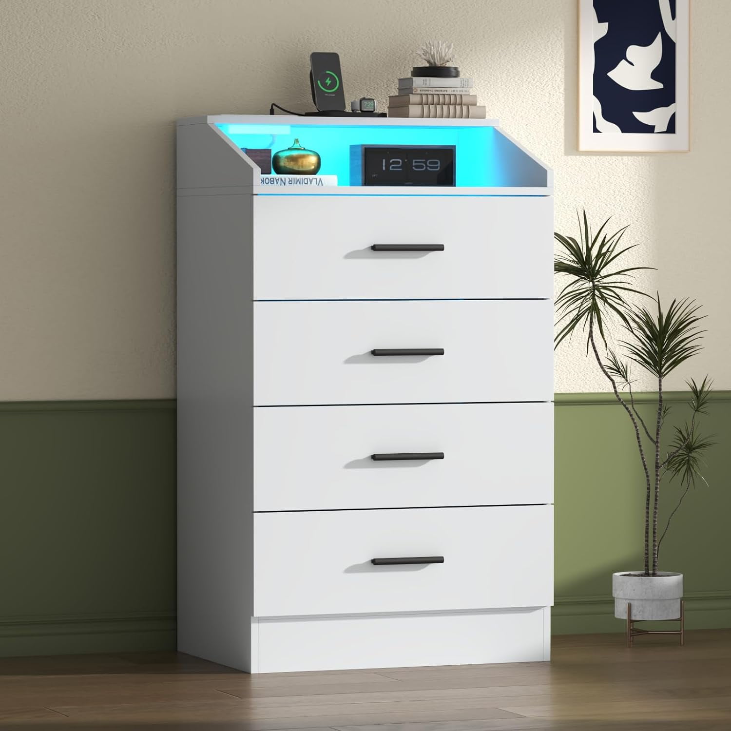4 Drawer Dresser for bedroom with LED Light Modern Dresser with Power ...