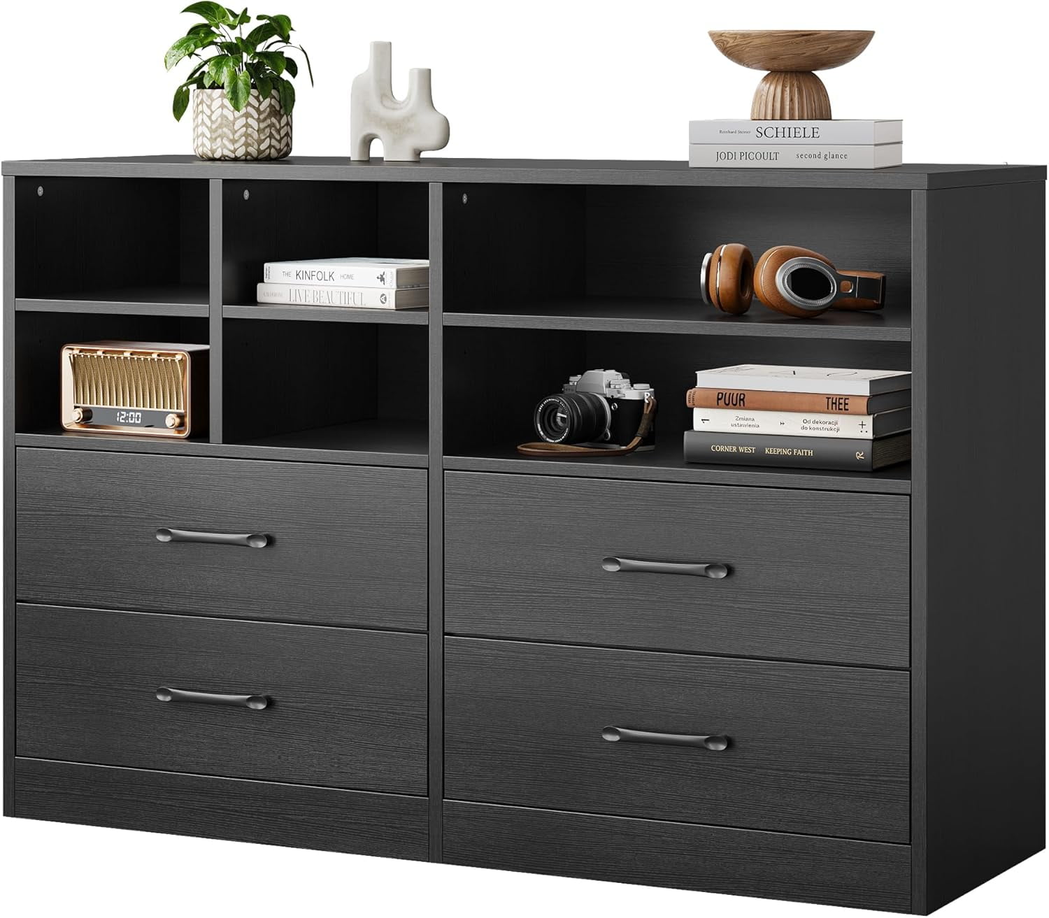 4-Drawer Dresser with 6 Open Cubbies – 47" Wide Modern TV Stand ...