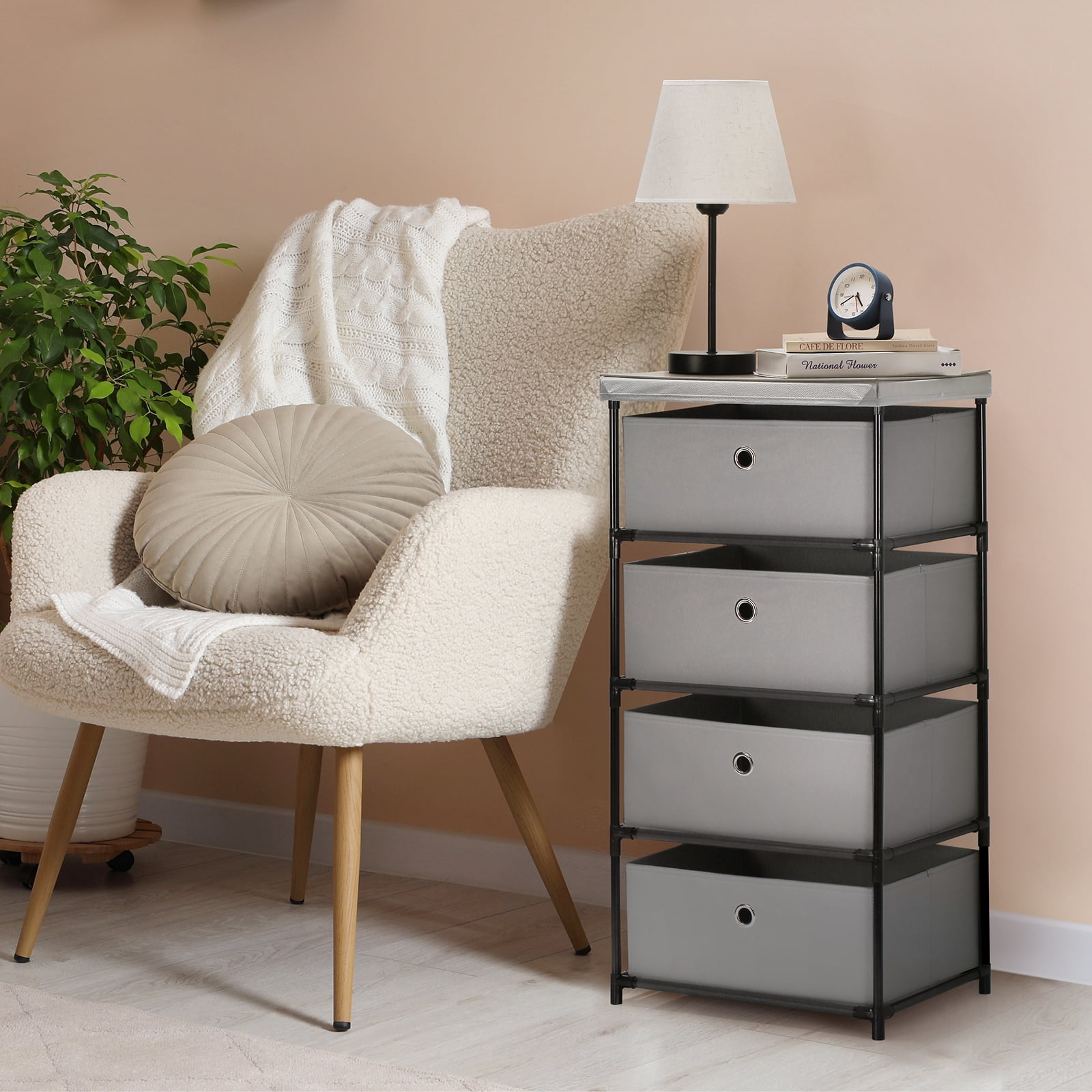 4‑Drawer Fabric Storage Tower, Tall Slim Dresser with Grey Fabric ...