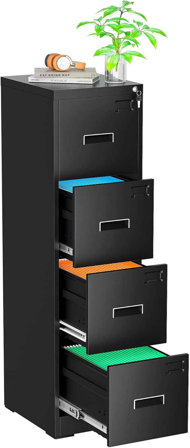 4 Drawer File Cabinet with Lock, 18" D Locking File Cabinets, Black ...