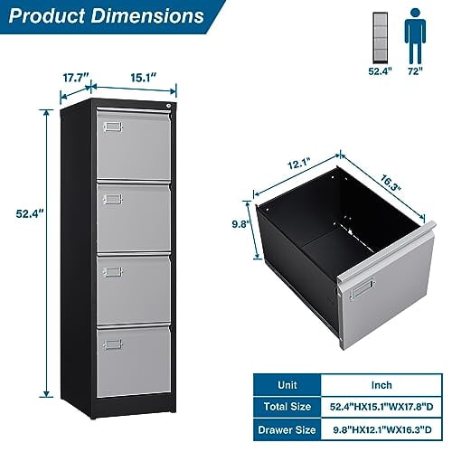 4 Drawer File Cabinet, Vertical Filing Cabinets with Lock, Metal File ...
