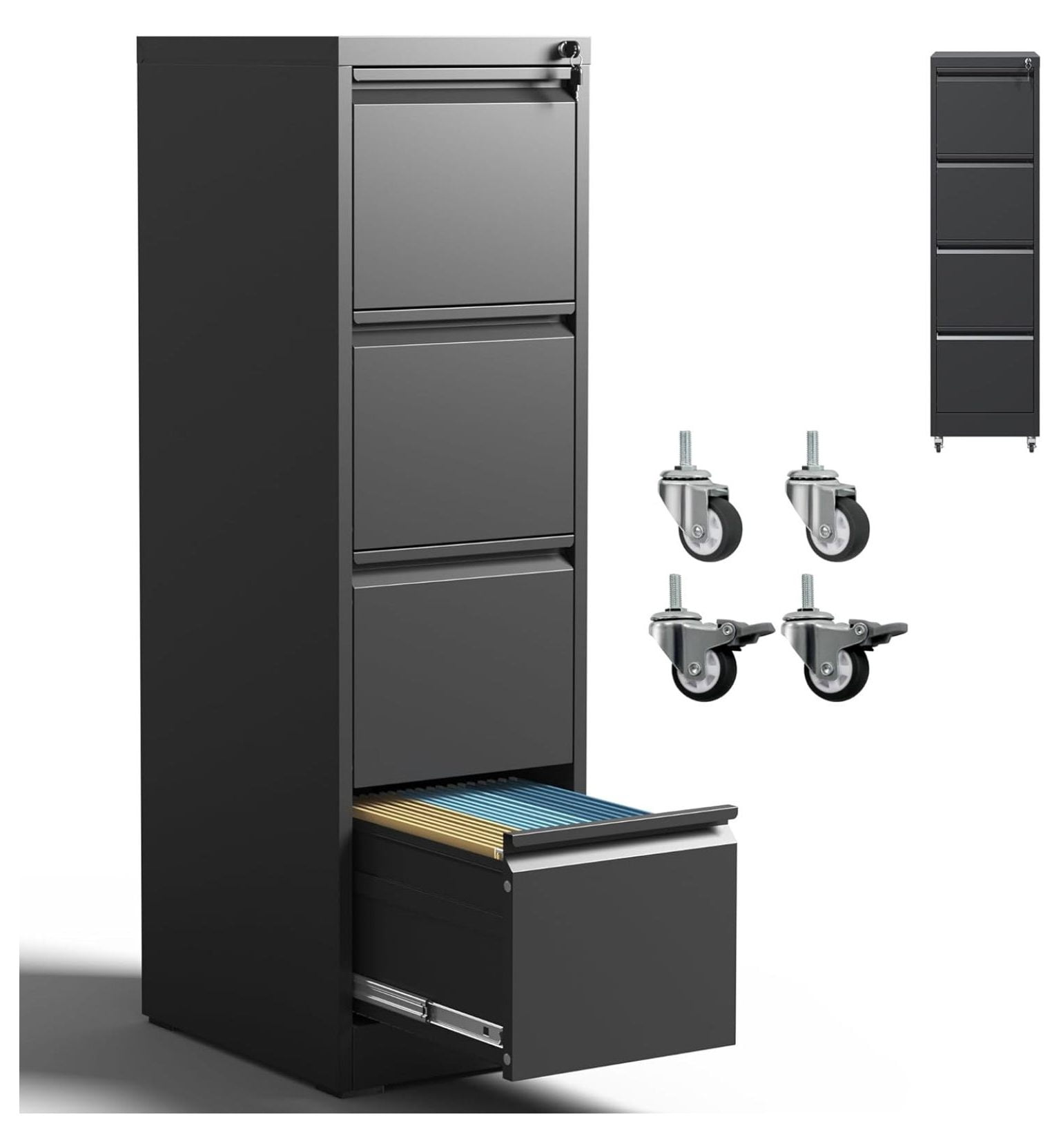 4 Drawer File Cabinet with Wheels,Metal Mobile Filing Cabinets with ...
