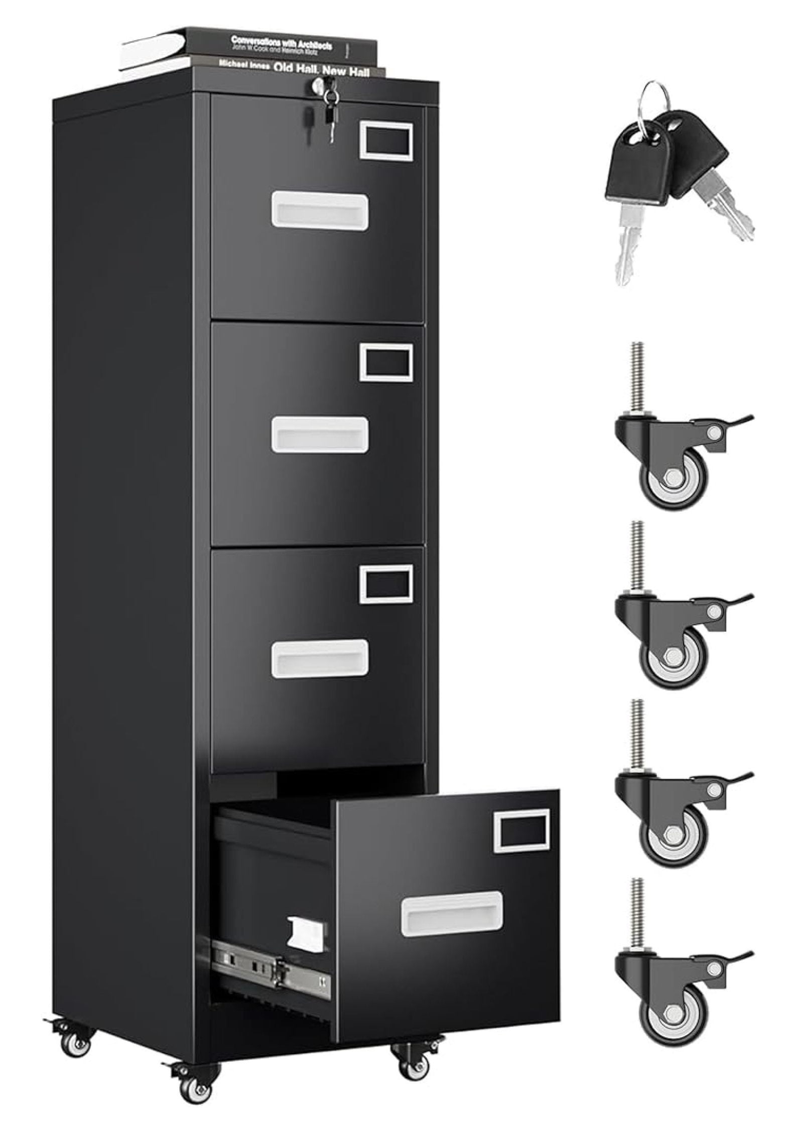 4 Drawer File Cabinet with Wheels, Lockable Metal Filing Cabinet with ...