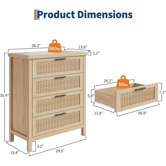 4-Drawer Fluted Dresser, 35.4" Tall Chest of Drawers for Bedroom ...