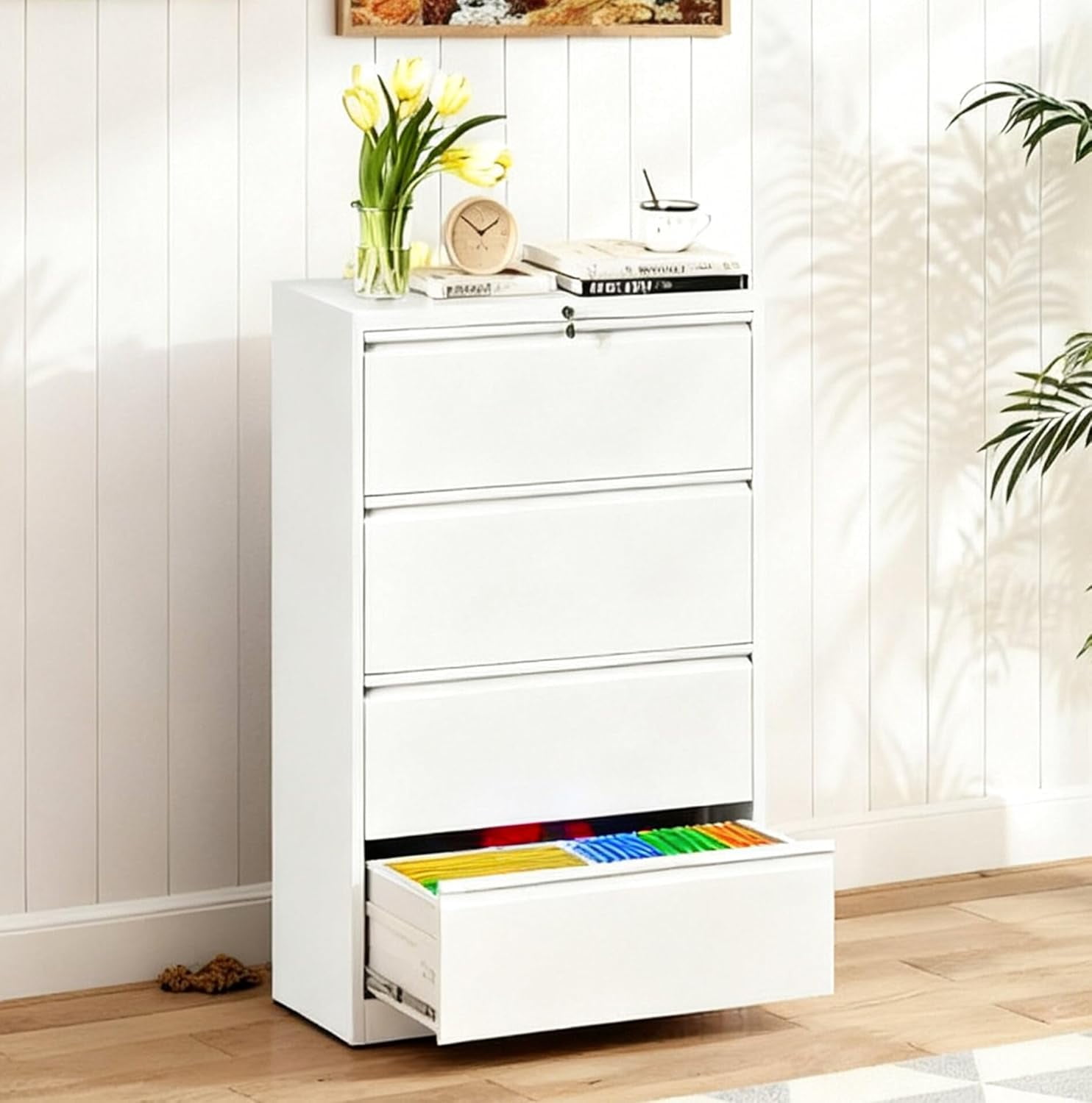4-Drawer Lateral File Cabinet with Lock, Black Metal Filing Cabinet for ...