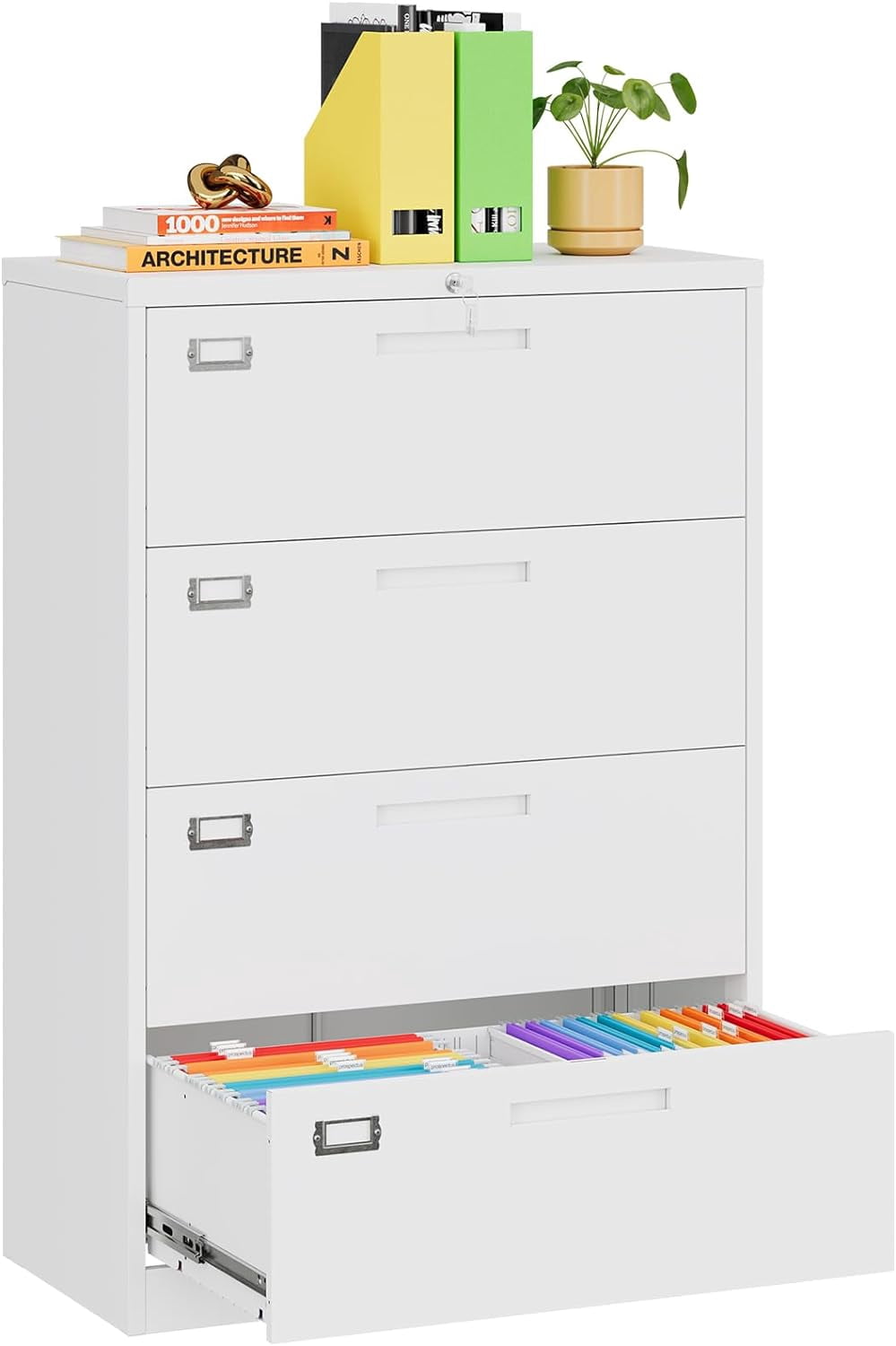4 Drawer Lateral File Cabinet with Lock, Black Office Filing Cabinet ...