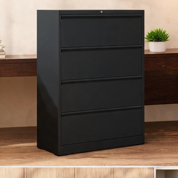 4-Drawer Lateral File Cabinet Lockable Storage Deep Black Steel for ...