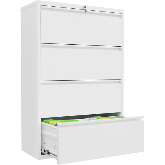4-Drawer Lateral File Cabinet, White Metal Filing Cabinet for Letter ...