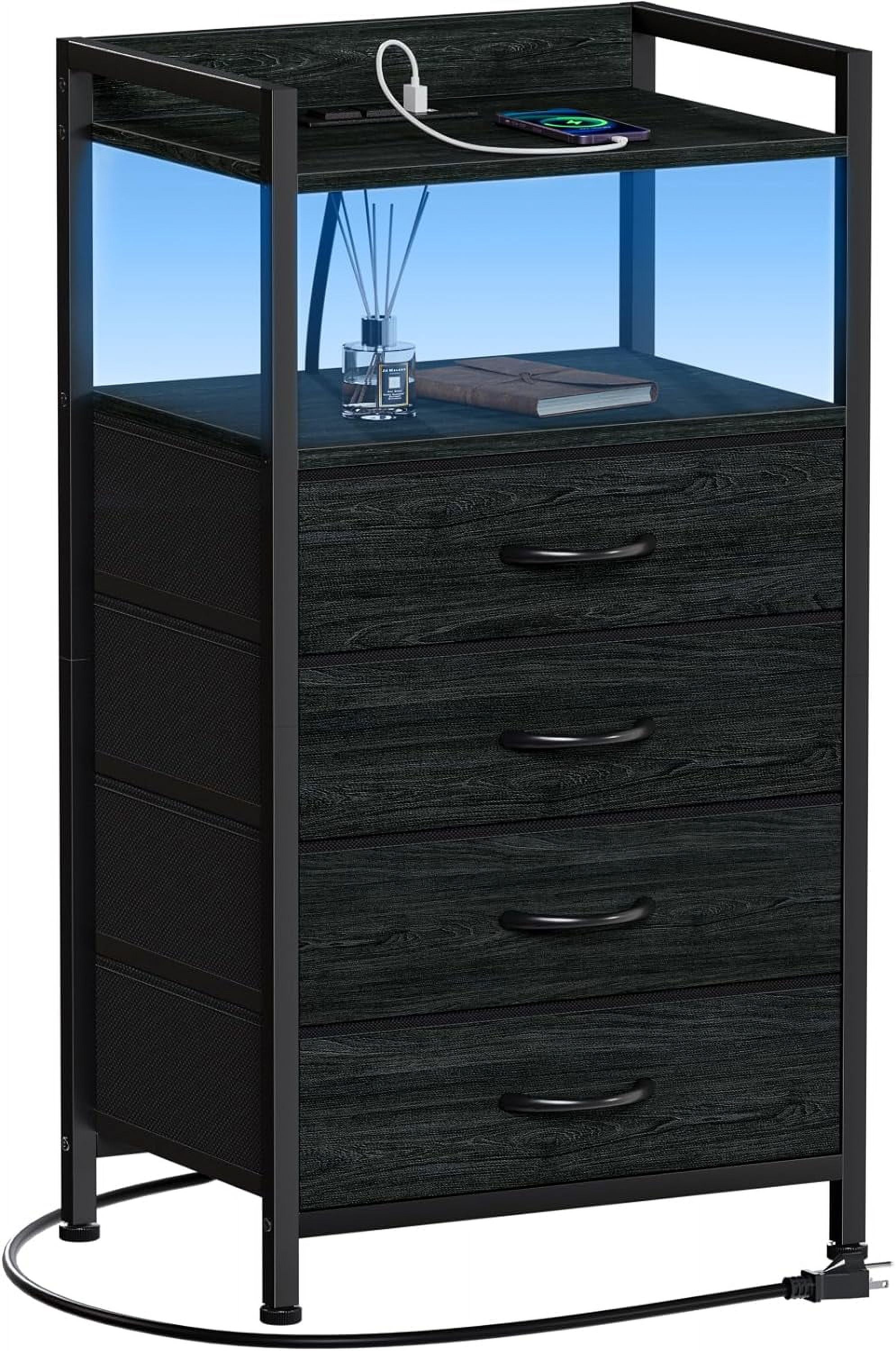4 Drawer Nightstand with Shelf, Tall Black Dresser for Bedroom with Led ...