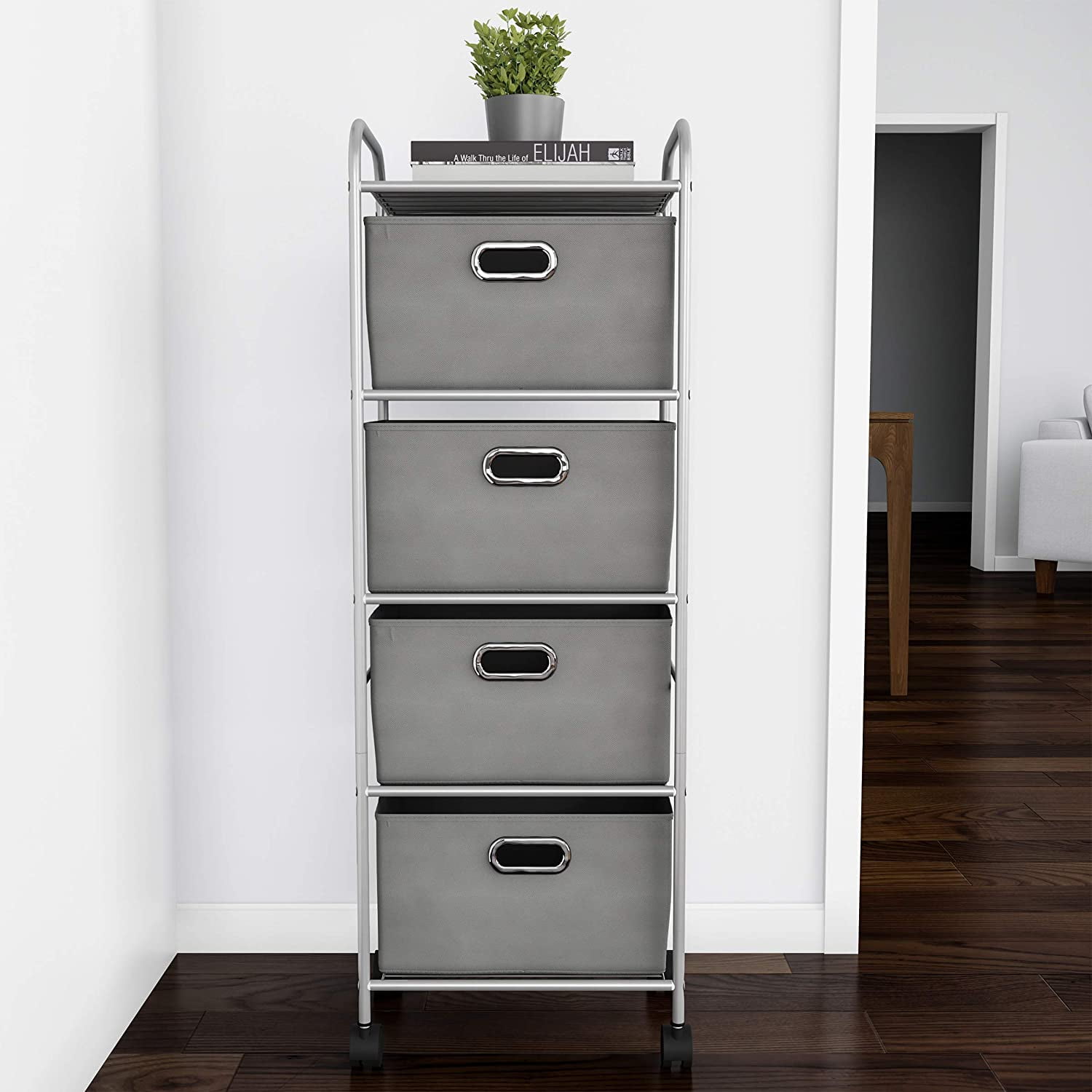 4 Drawer Rolling Fabric Storage Cart with Wheels - Gray and Silver Home ...