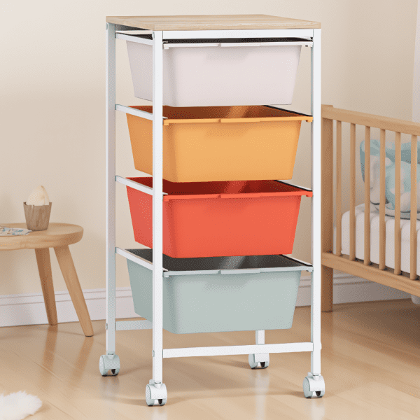 4-Drawer Rolling Storage Cart with MDF Wood Top, Mobile Utility ...