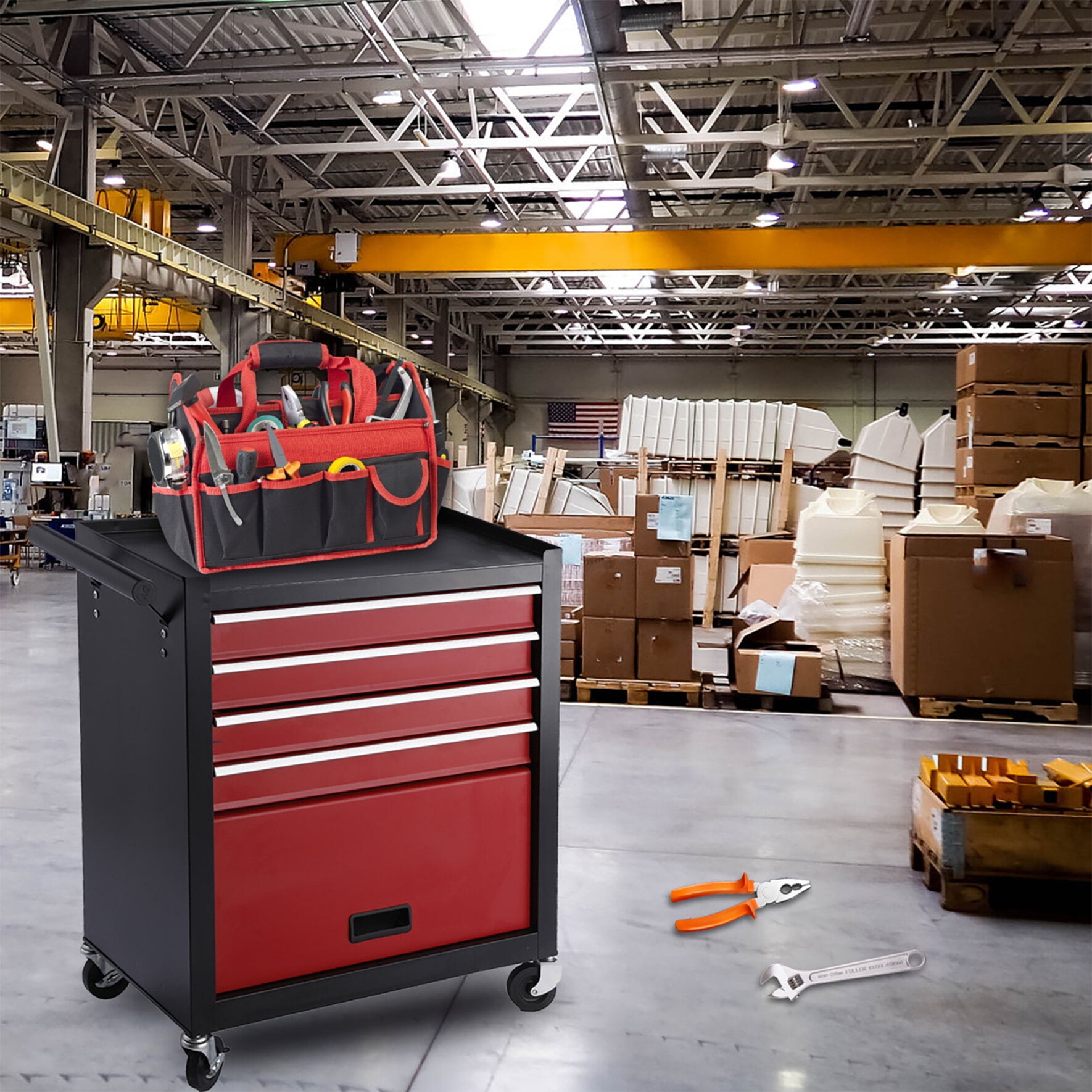 4-Drawer Rolling Tool Cart with Heavy-Duty Casters & Locking Cabinets ...
