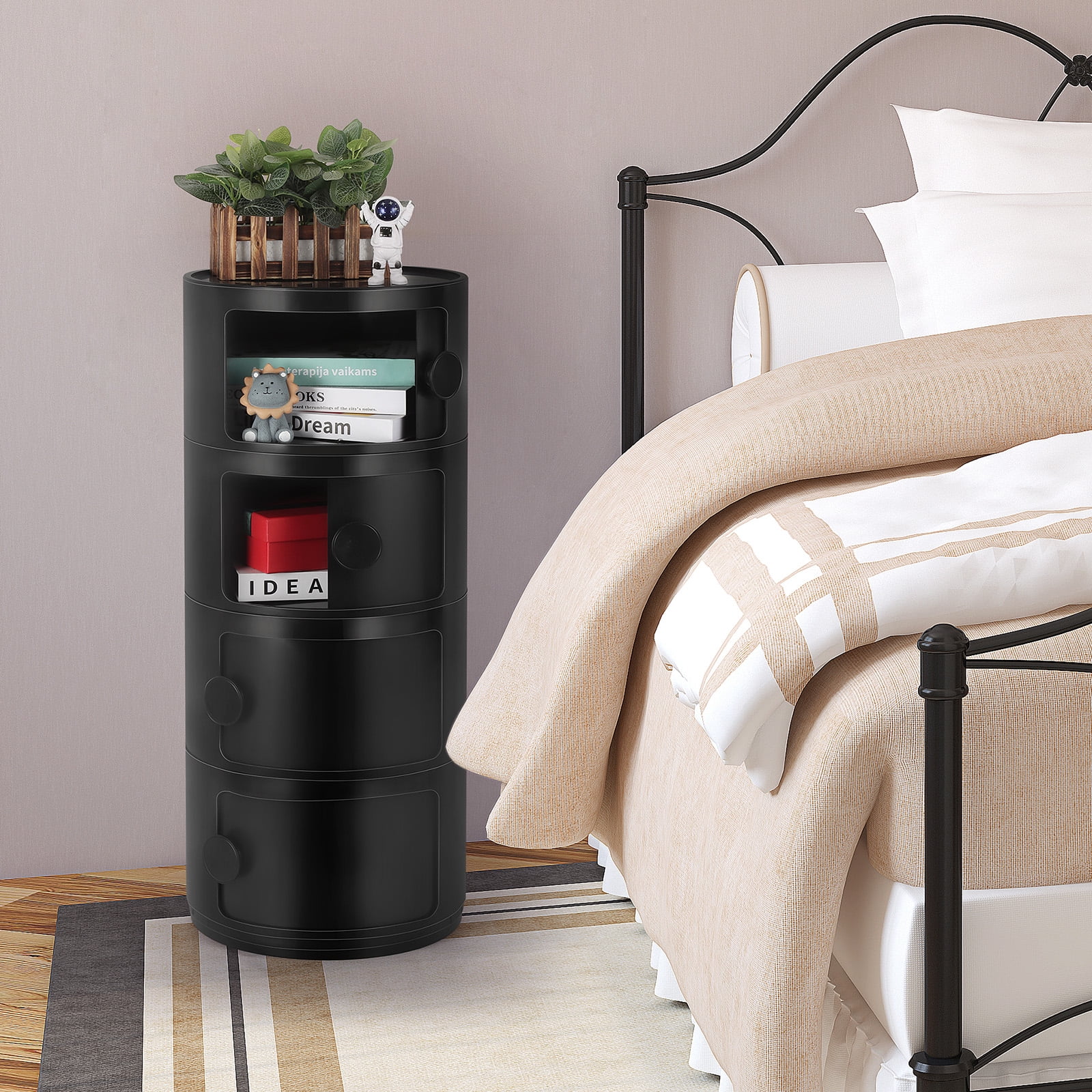 4 Drawer Sliding Barrel Modern Bedroom Nightstand, Black - Walmart.com