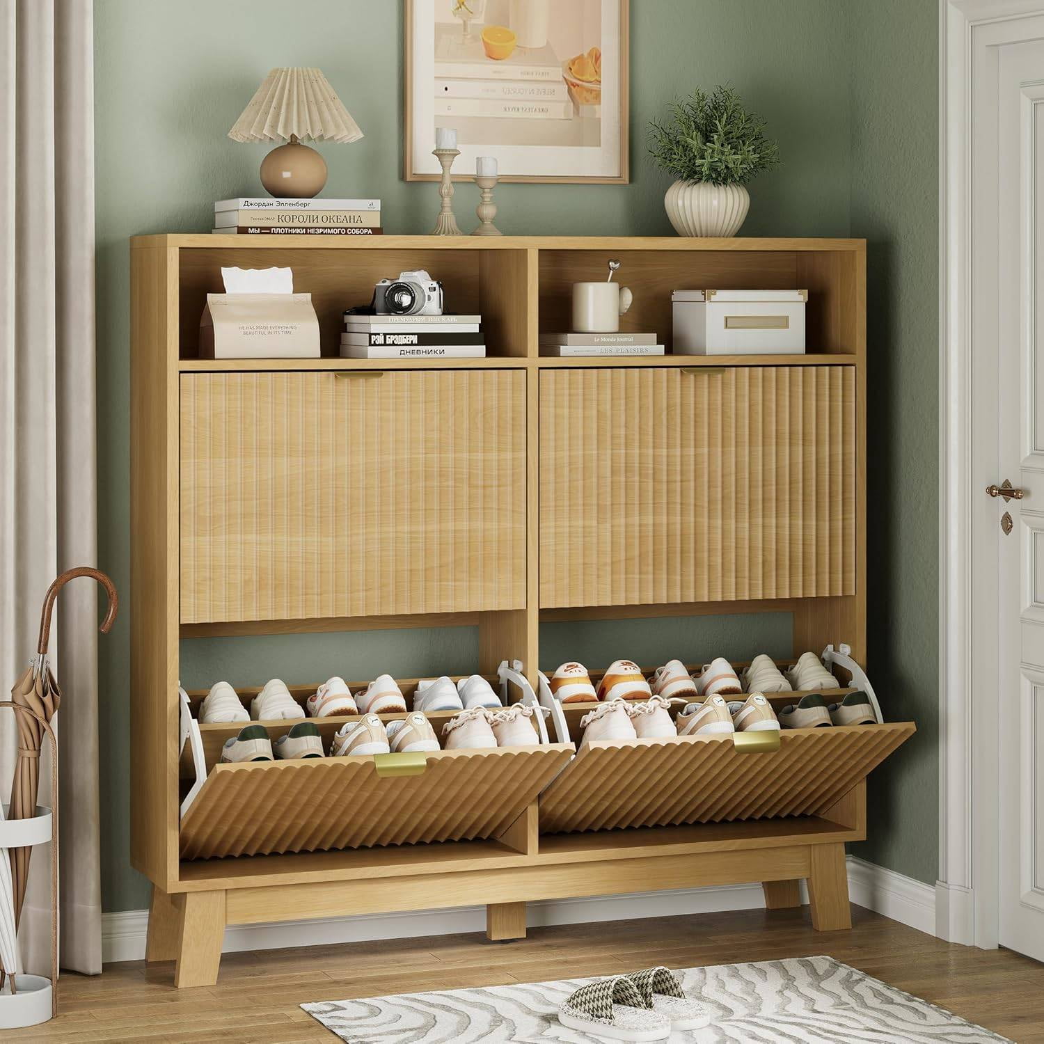 4-Drawer Slim Shoe Cabinet with Fluted Panels, 46" Tall Narrow Wooden ...