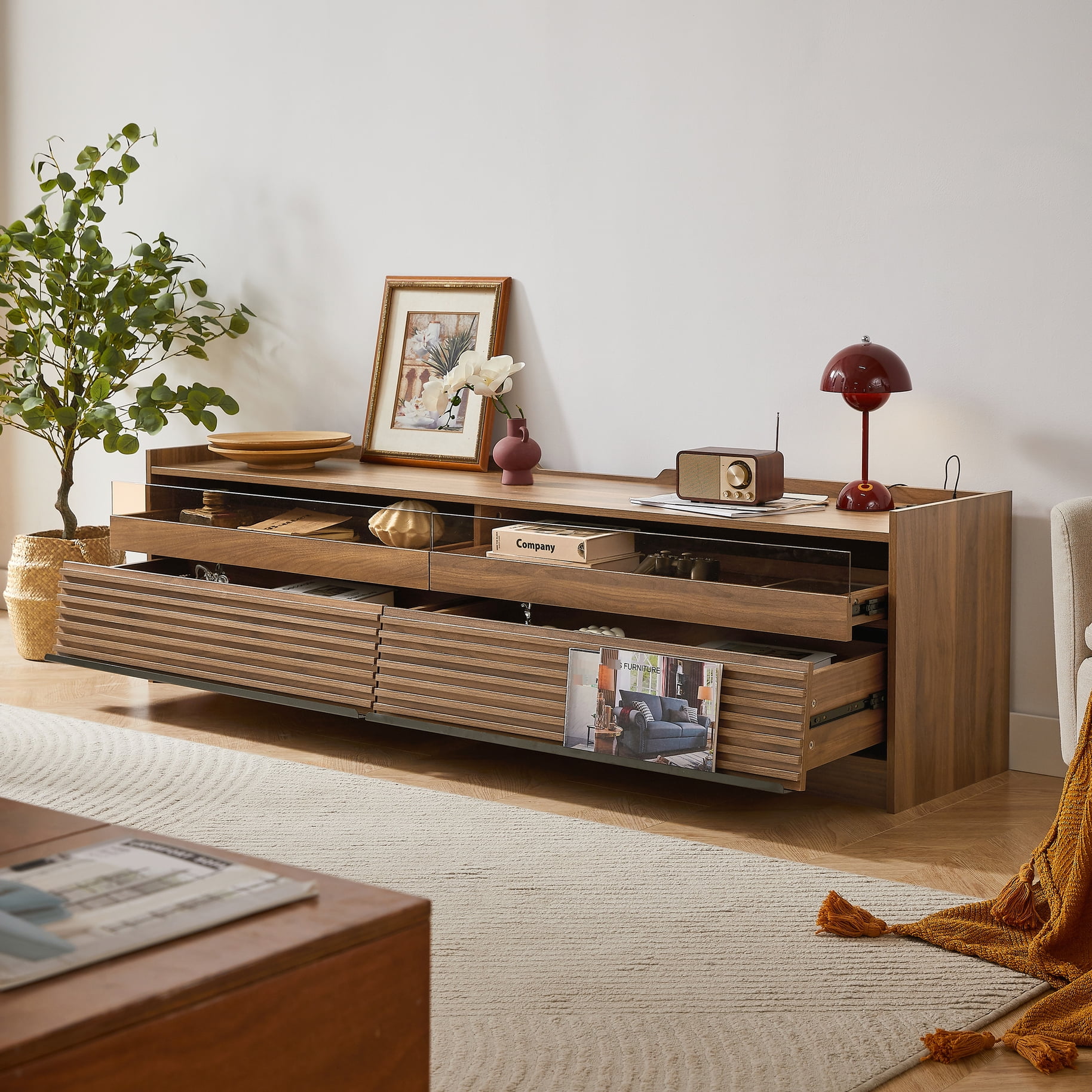 4-Drawer TV Console | Ample Storage Space | Built-in USB & Type-C Ports ...