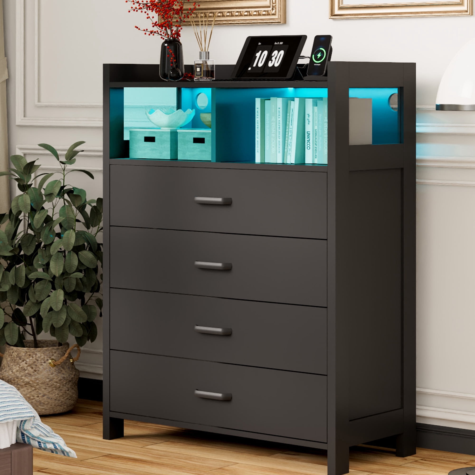4 Drawer Tall Dresser, LED Dresser for Bedroom Closet Organizers with ...