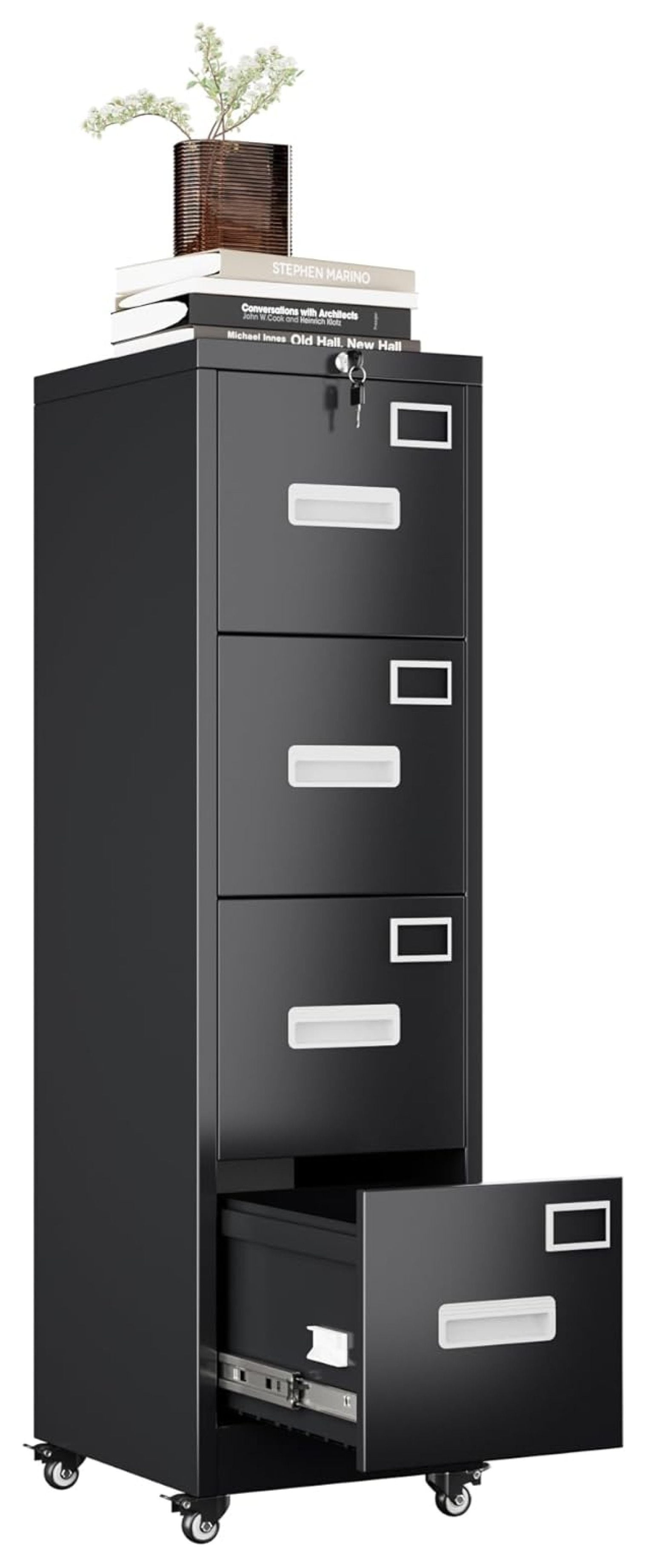 4 Drawer Vertical File Cabinet on Wheels, Lockable Office Files Storage ...