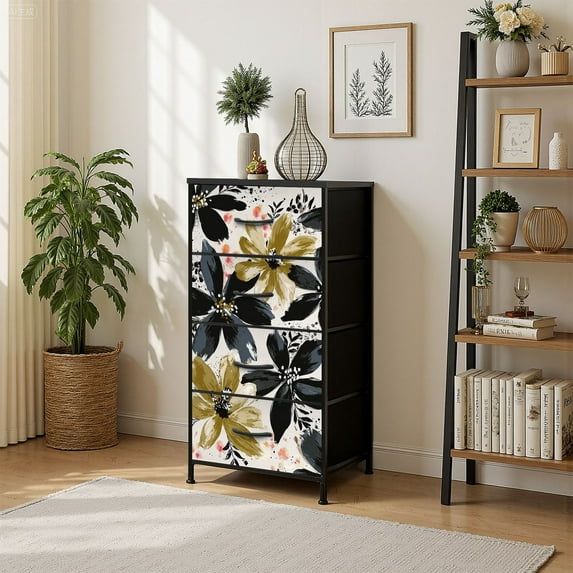 4 Drawer Vertical Storage Dresser Floral brush strokes Organic shapes ...