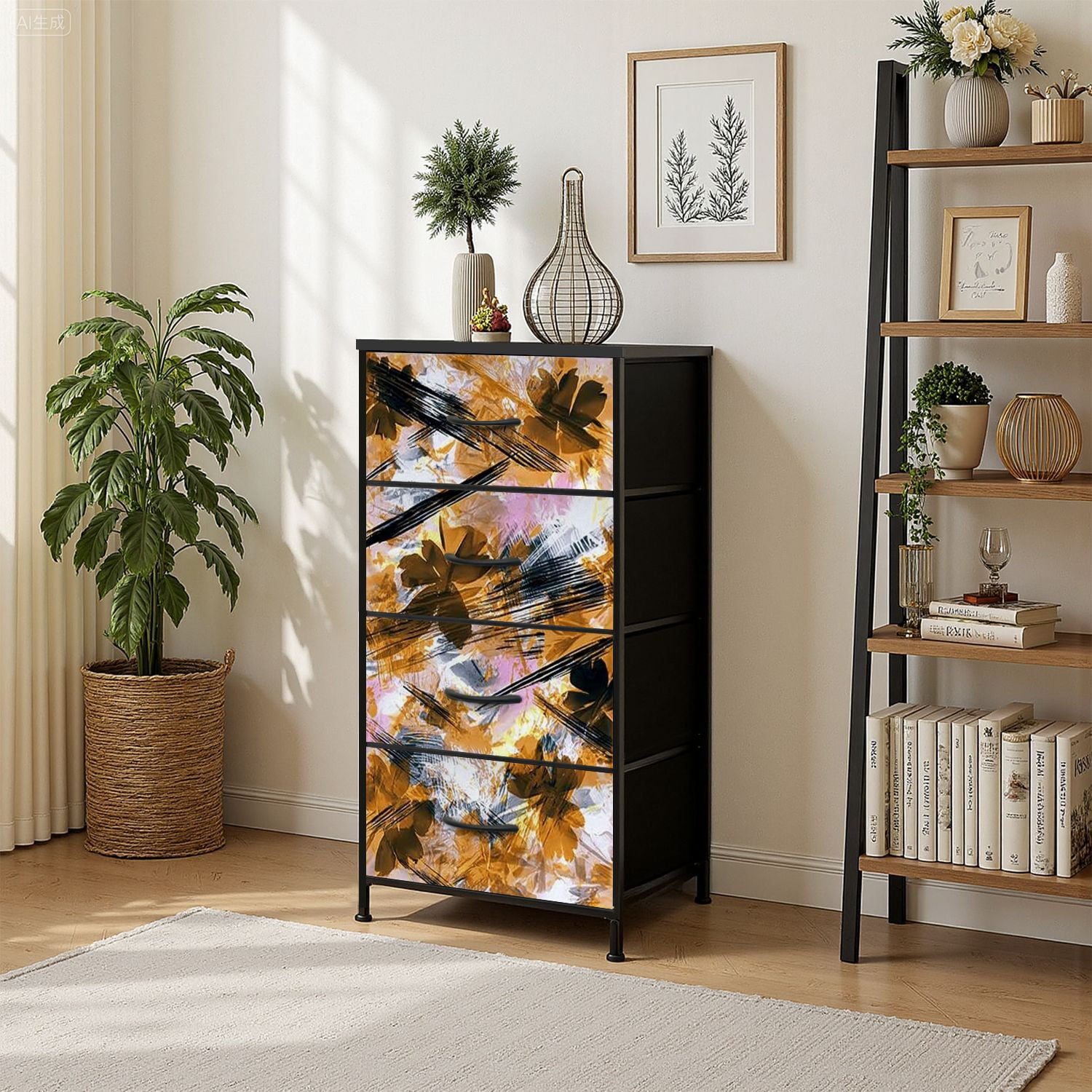 4 Drawer Vertical Storage Dresser Hand Abstract Watercolor Flowers ...