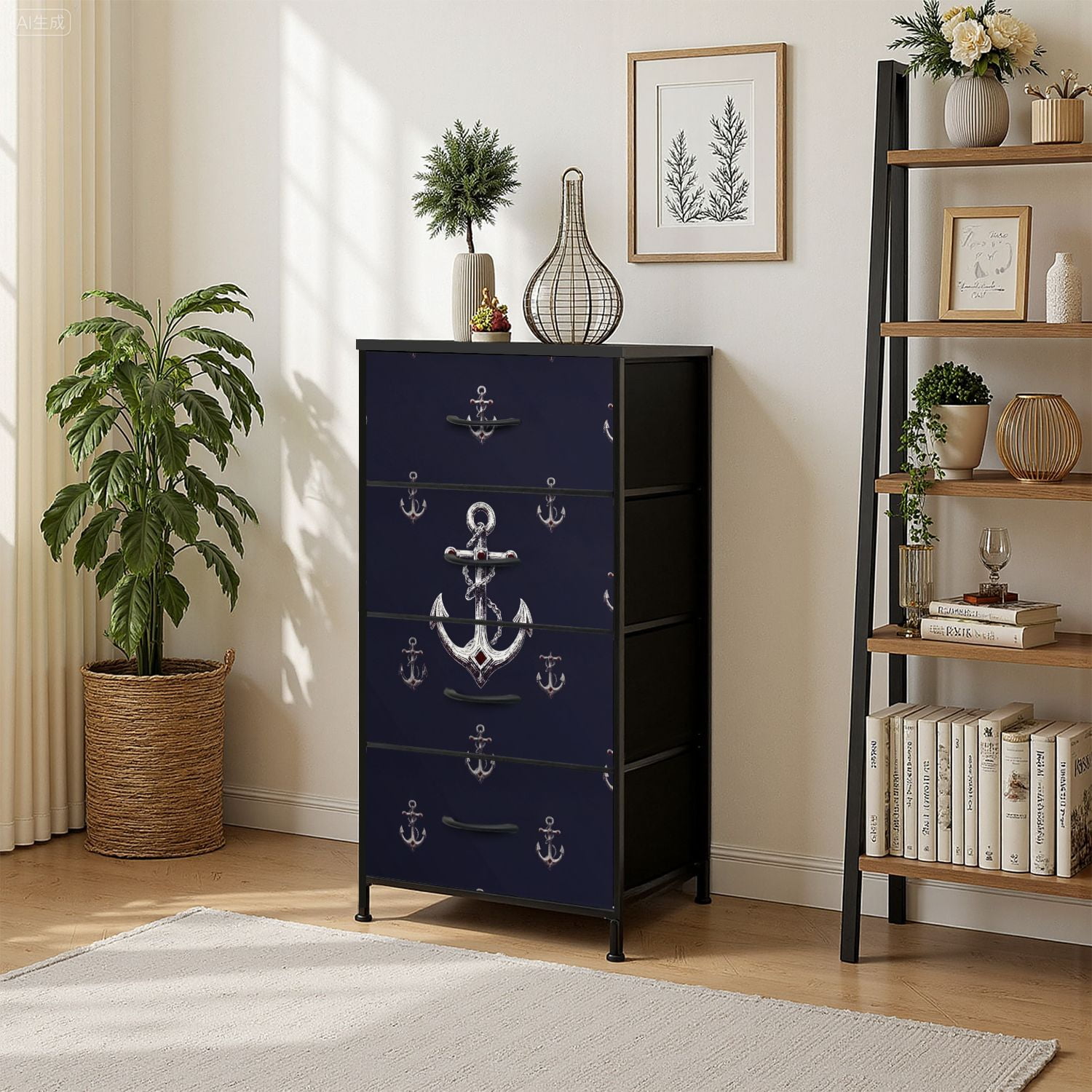 4 Drawer Vertical Storage Dresser Marine Anchor with Wood Top Fabric ...