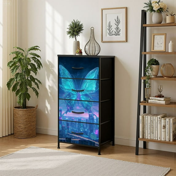 4 Drawer Vertical Storage Dresser Neon Butterfly Cityscape Art with ...